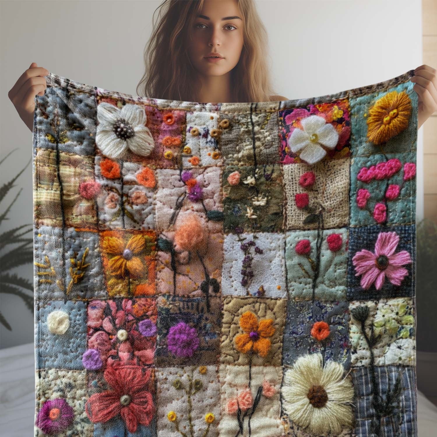 1pc Vintage Floral Patchwork Flannel Blanket - Soft & Cozy All-Season ...