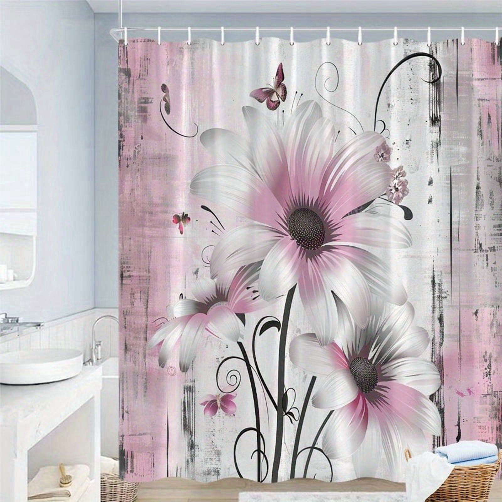 1pc Vintage Floral Shower Curtain Pink White Daisy Bouquet Black Stems ...