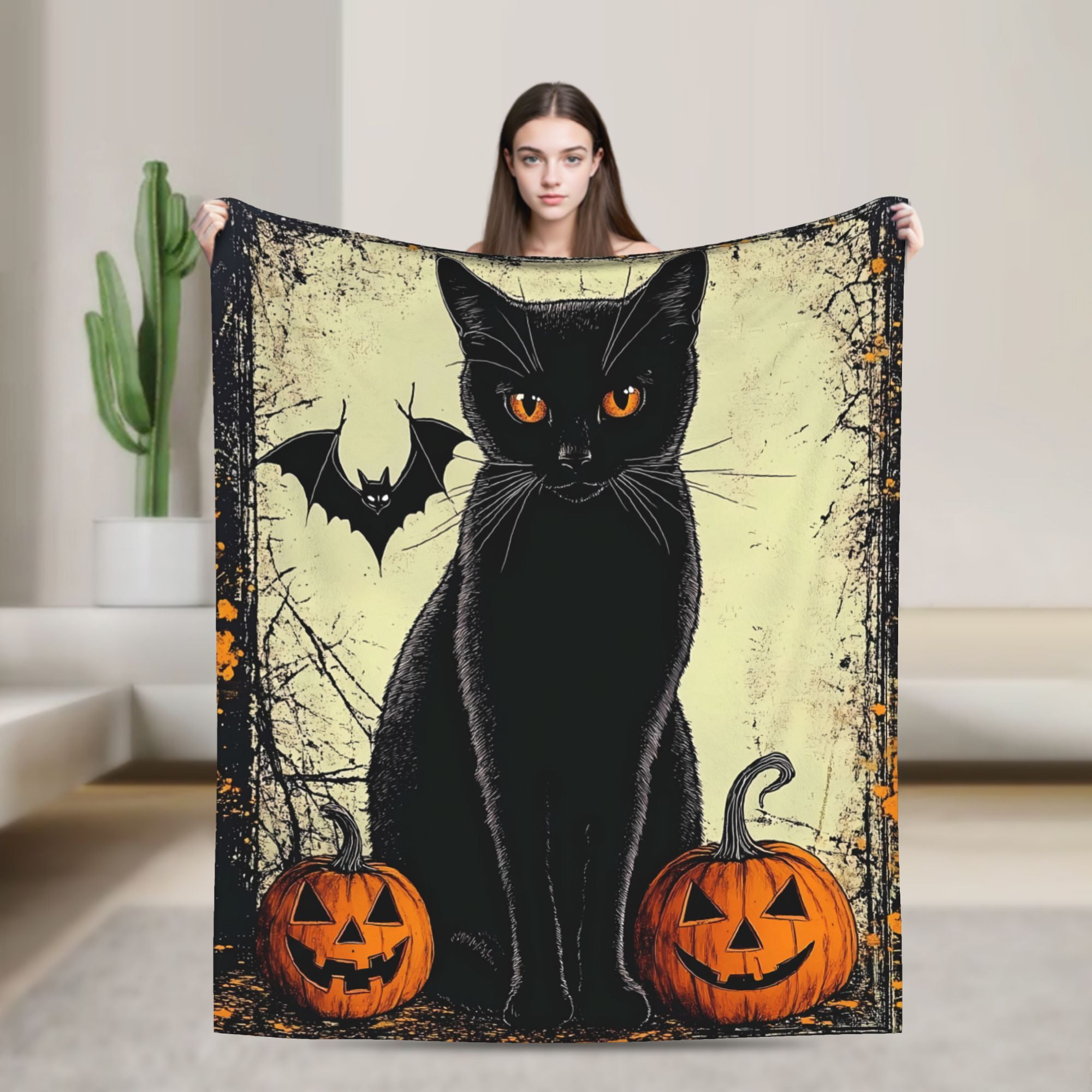 1pc Vintage Halloween Throw Blanket - Spooky Black Cat & Jack-O ...