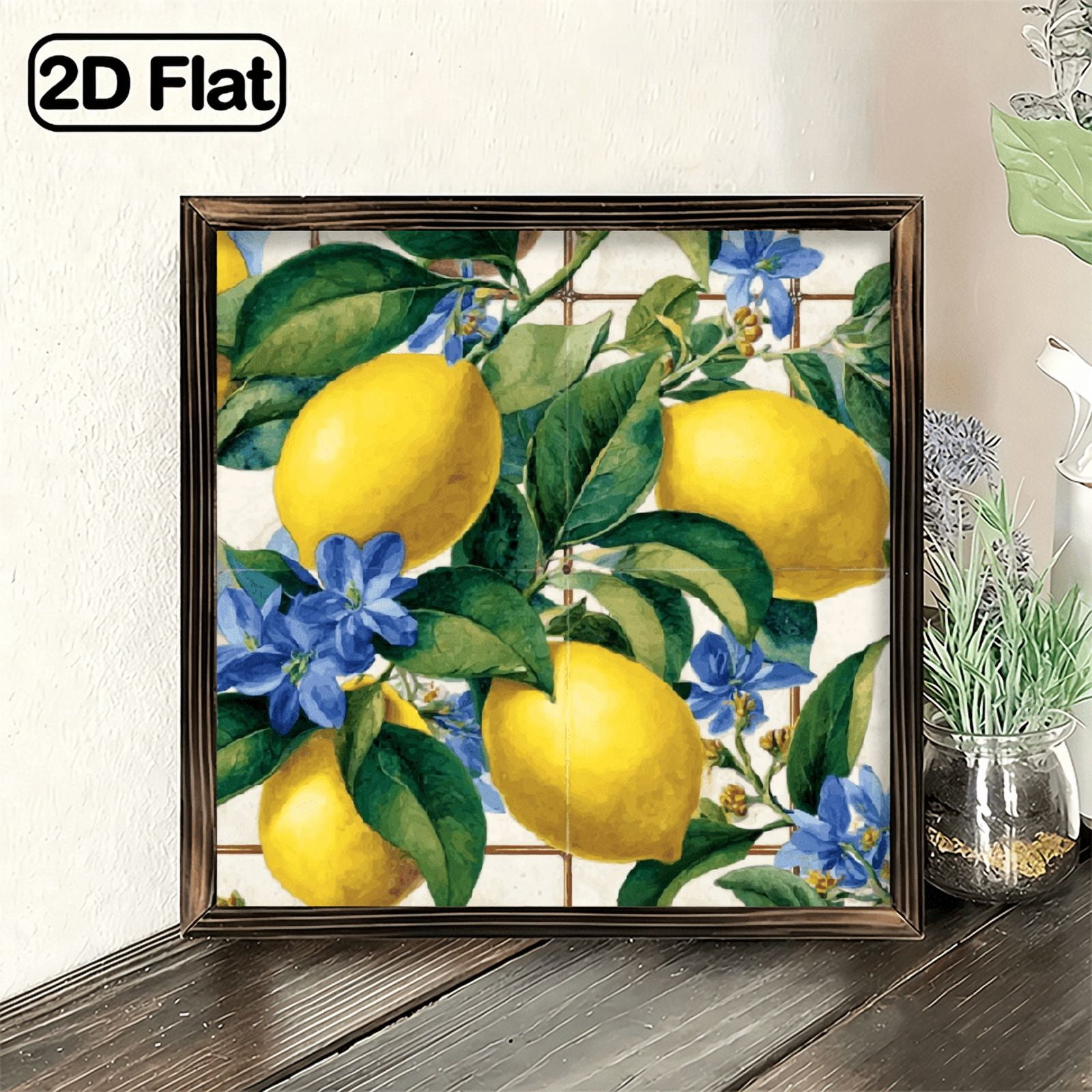 1pc Vintage Lemons Blue Flowers Wooden Framed Wall Art - 8x8 Inch ...
