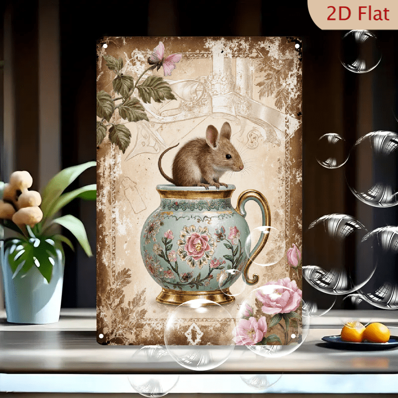 1pc Vintage Mouse on Teacup Metal Wall Art, 8x12 Inches, Victorian ...