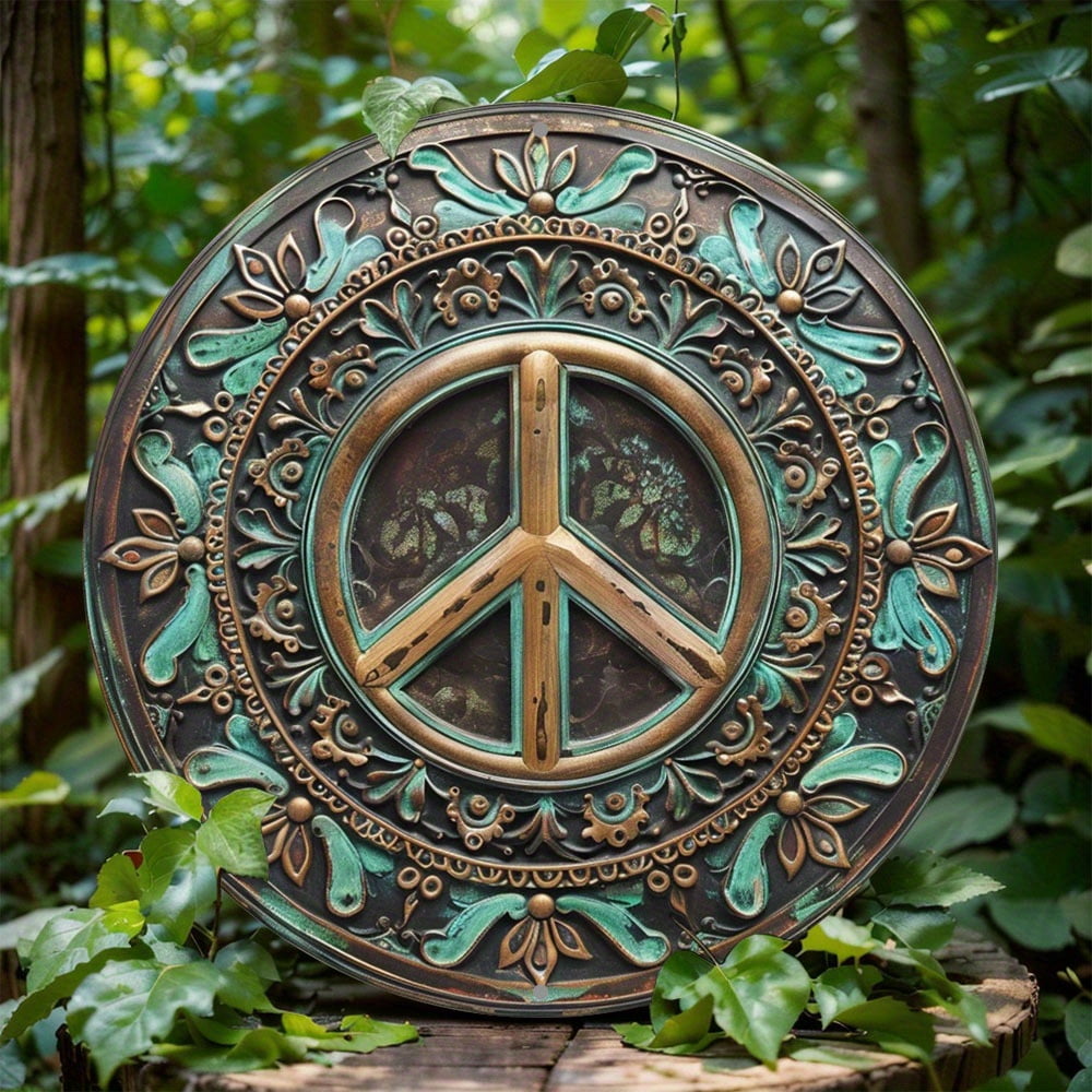 1pc Vintage Retro Peace Sign Wreath, Round Aluminum Metal Wall Decor ...