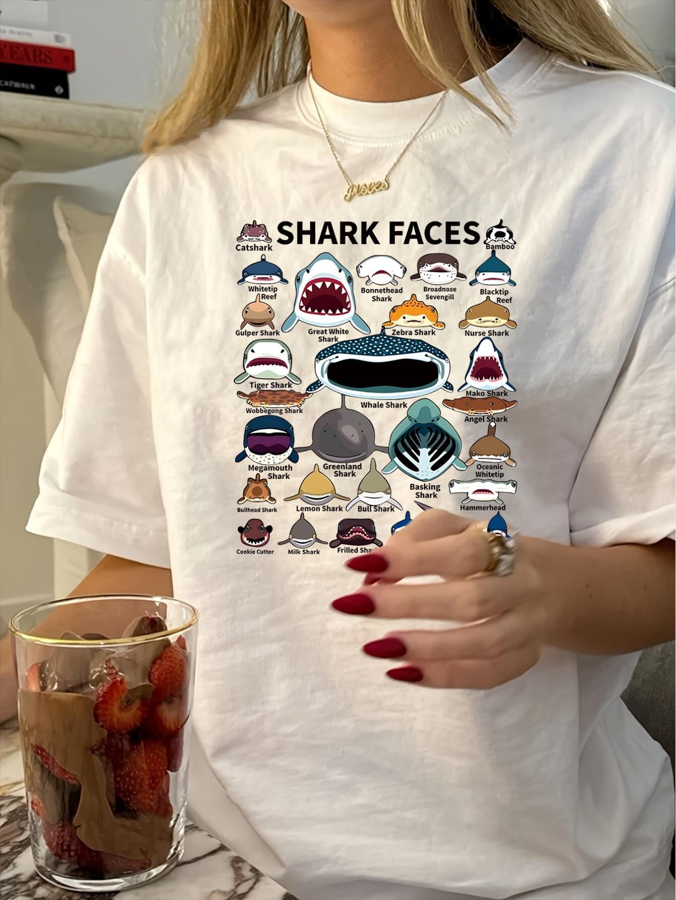1pc Vintage Shark Faces Graphic Tee for Women, Casual Round Neck Short ...