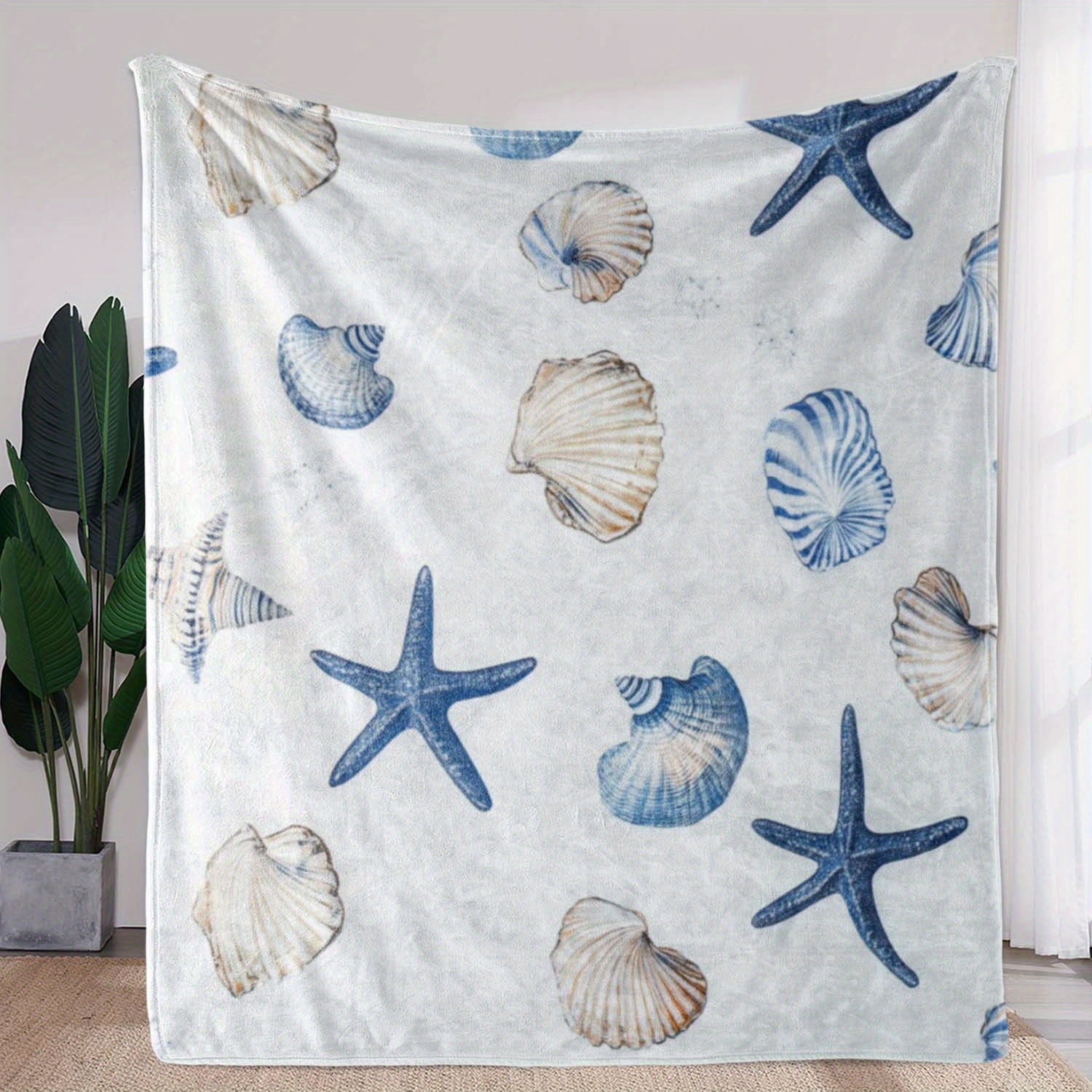 1pc Vintage Starfish & Seashell Print Flannel Blanket - Soft Cozy All ...