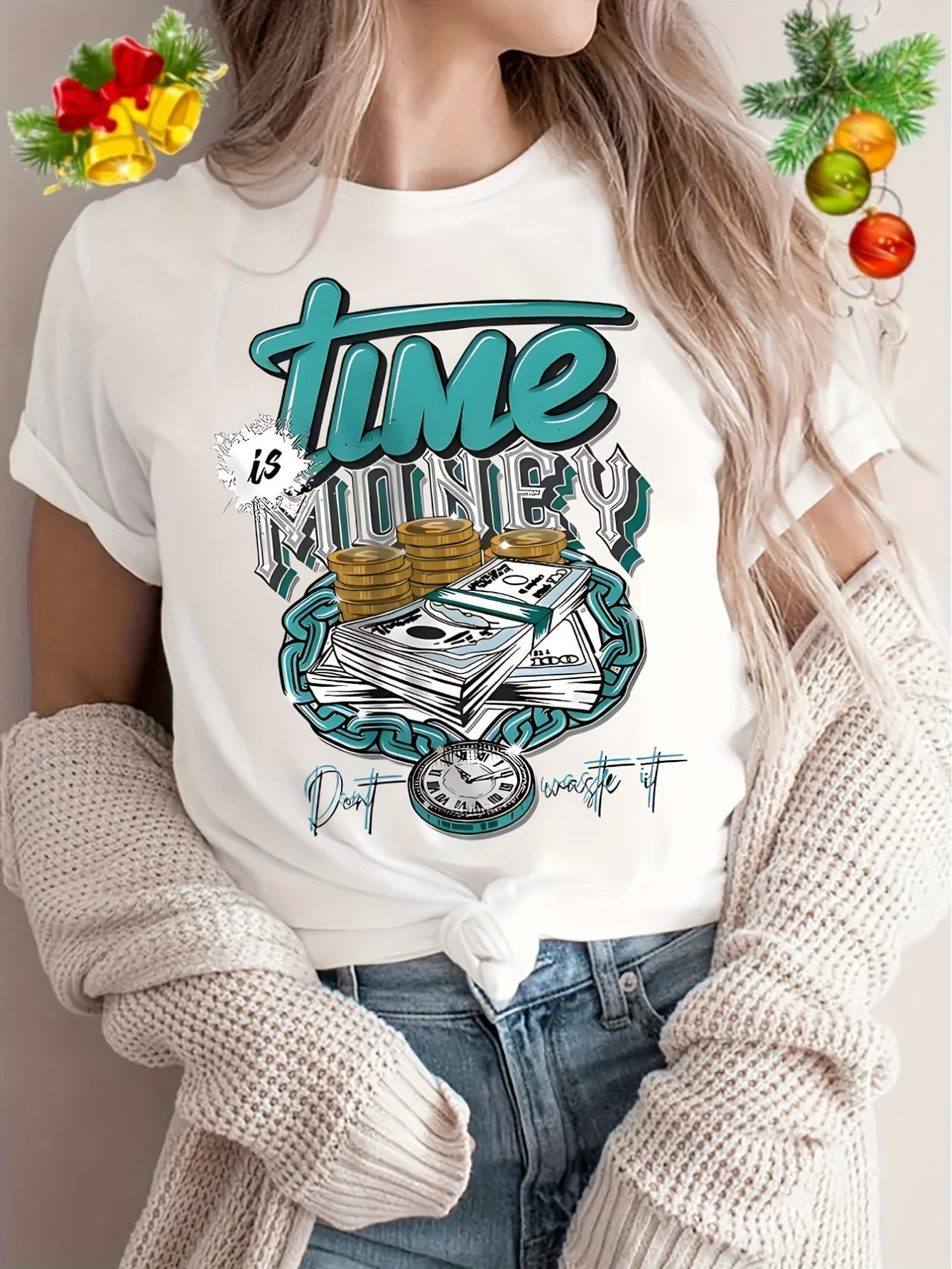 1pc Vintage Style Women'S T-Shirt, Geometric Money Pattern, Crew Neck ...