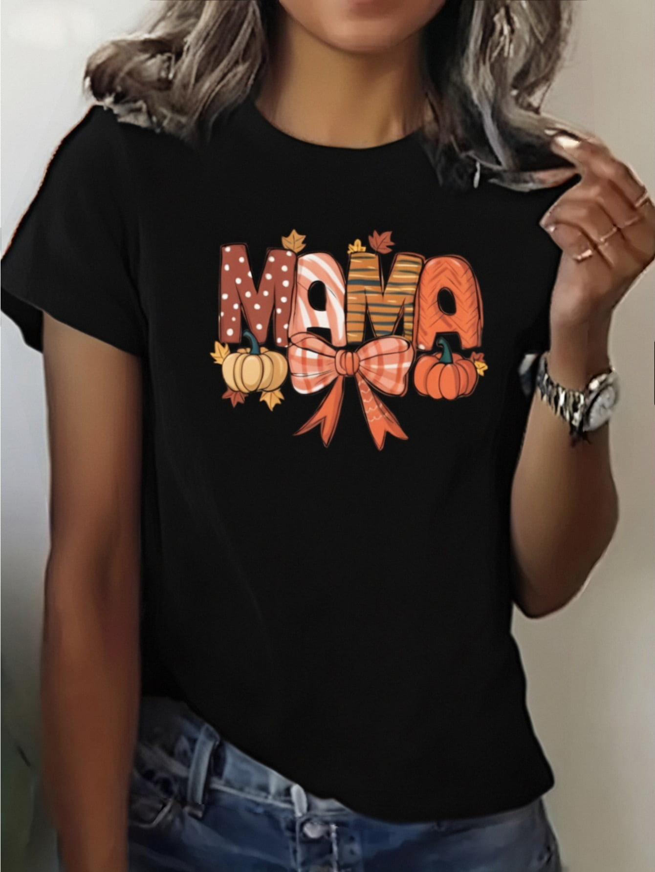 1pc Vintage Style Women'S T-Shirt, Geometric Pattern "MAMA" Print ...