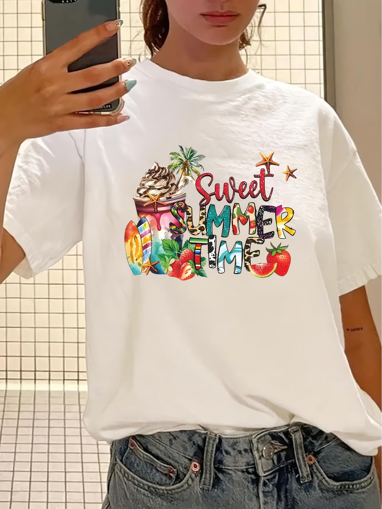 1pc Vintage Style Women's T-Shirt, 100% Polyester Crew Neck Tee with ...