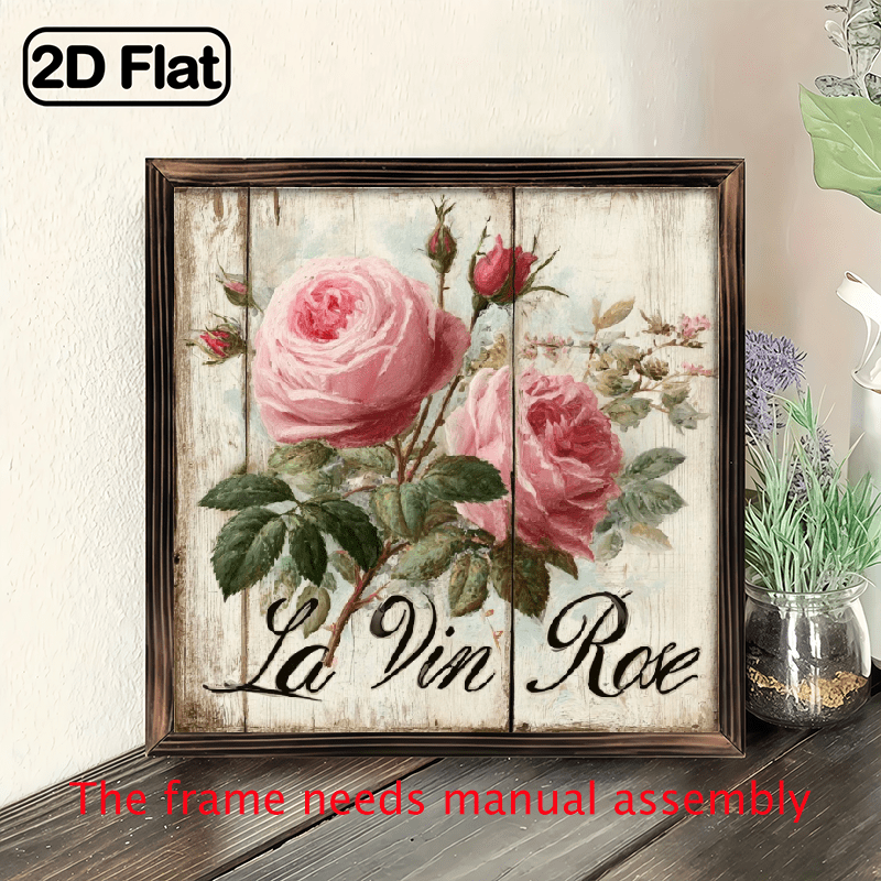 1pc Vintage Style Wooden Framed Wall Art - 8x8 Inch Pink Roses ...