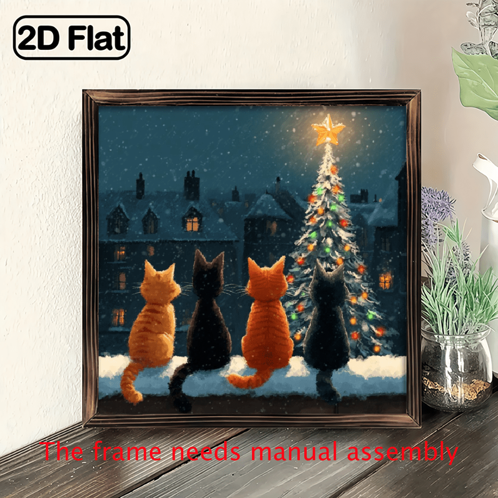 1pc Vintage Winter Cats by Glowing Tree - Framed Wall Decor - 8x8 Inch ...