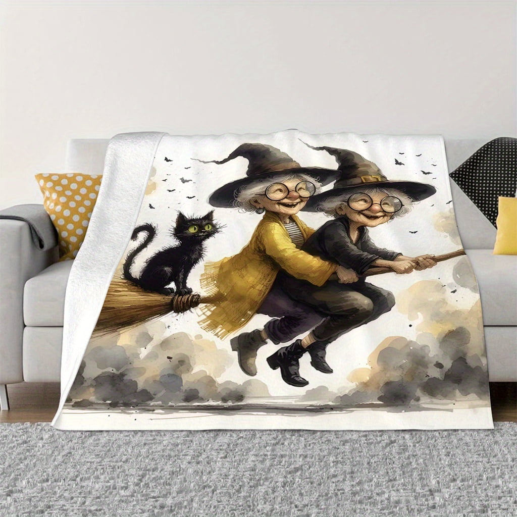 1pc Vintage Witch and Cat Theme Flannel Fleece Throw Blanket ...