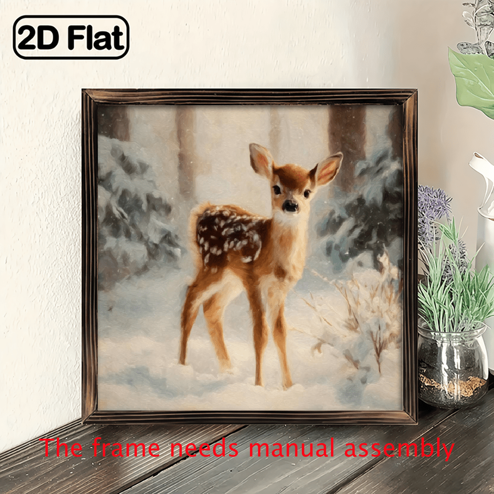 1pc Vintage Wooden Framed Fawn in Snowy Woods Wall Art - 8x8 Inch ...