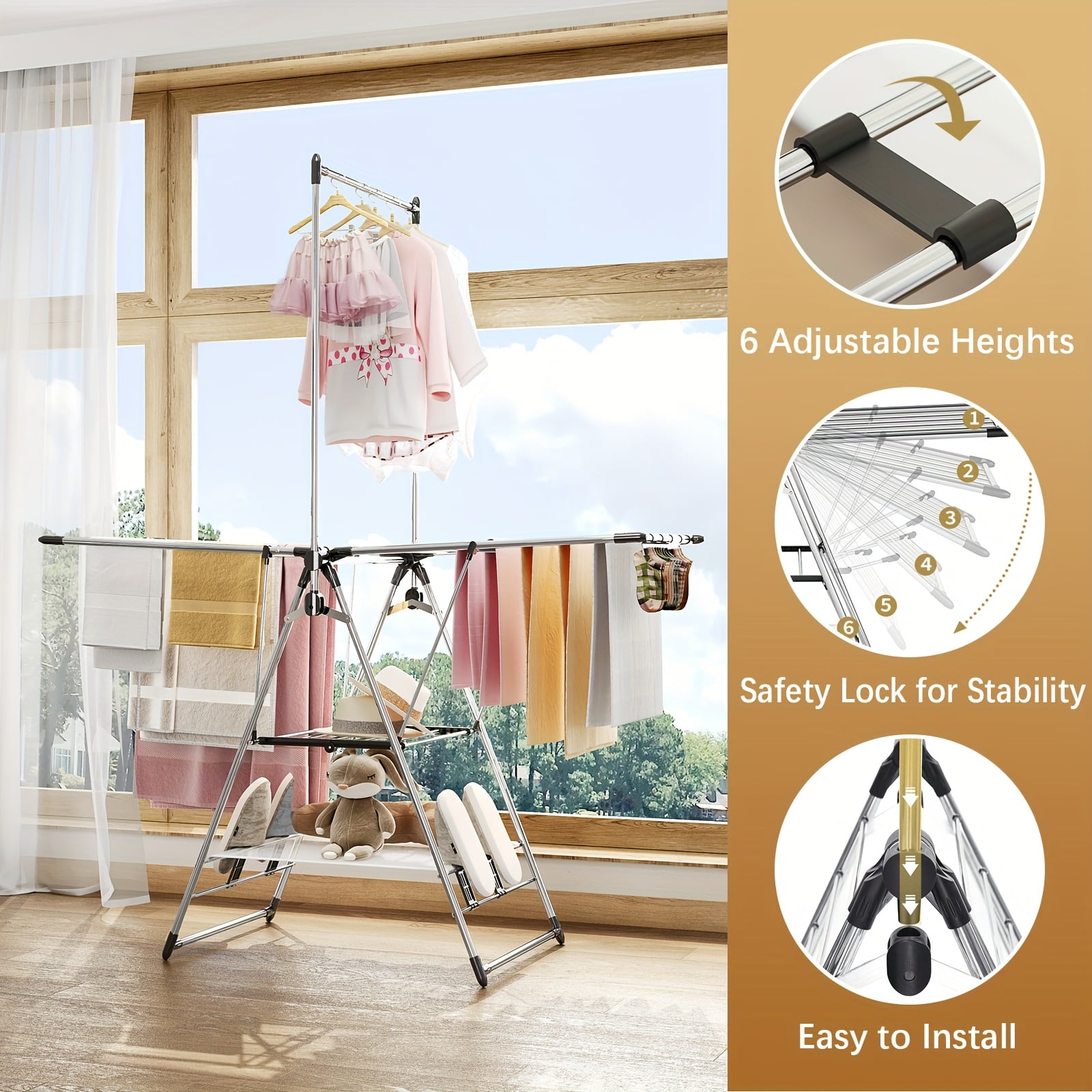 1pc Vizlon Commerce 3-Level Metal Clothes Drying Rack with High Hanger ...
