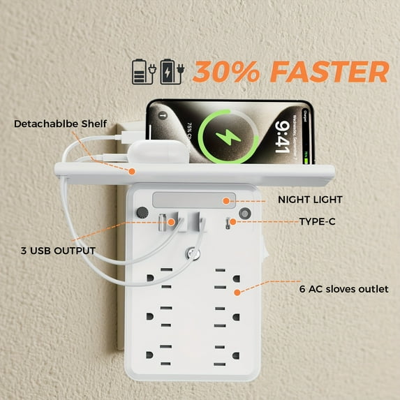 1pc Wall Mount Surge Protector Power Strip, Night Light With Shelving ...
