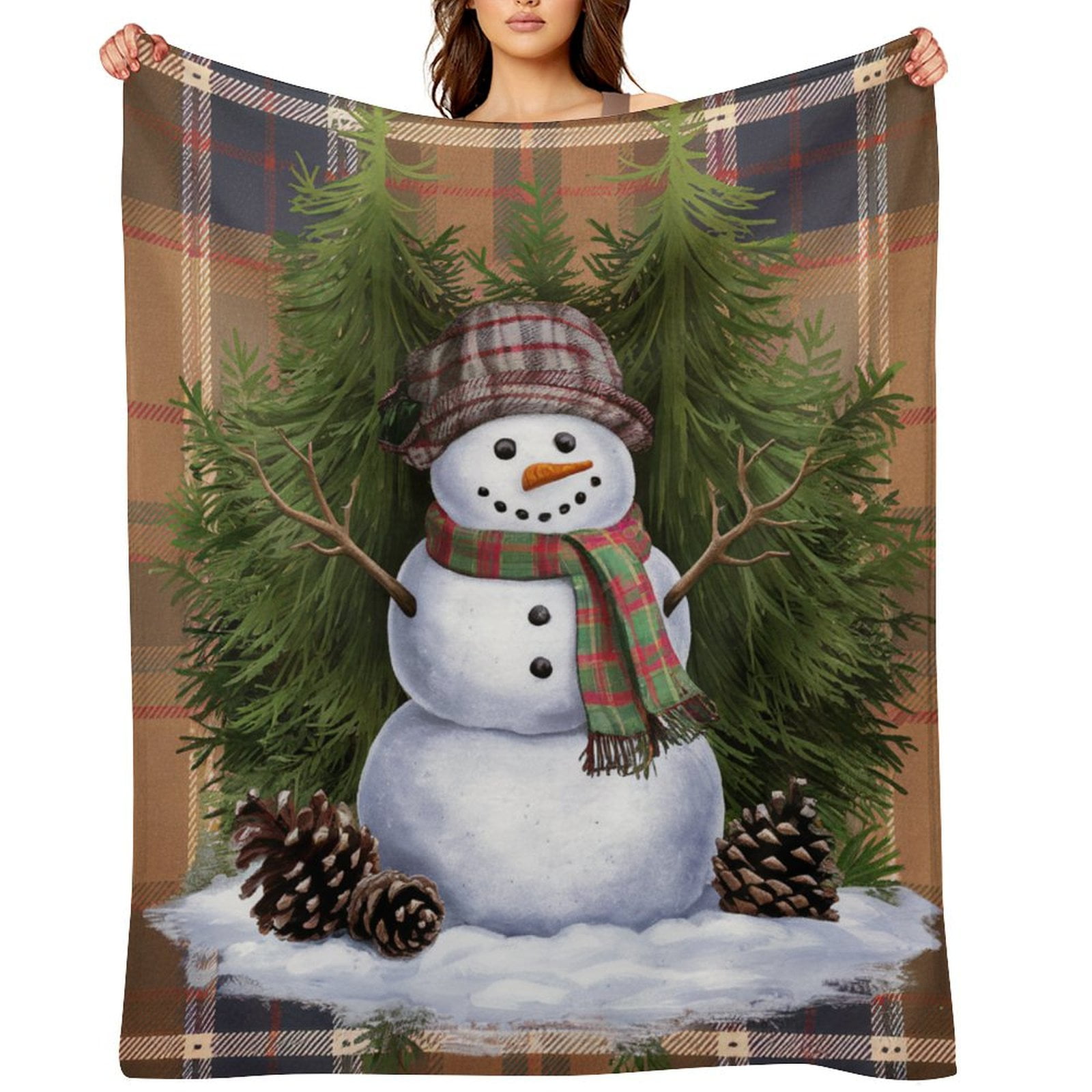 1pc Warm & Cozy Flannel Throw Blanket -A Plaid Snowman Pine Nut Snow ...