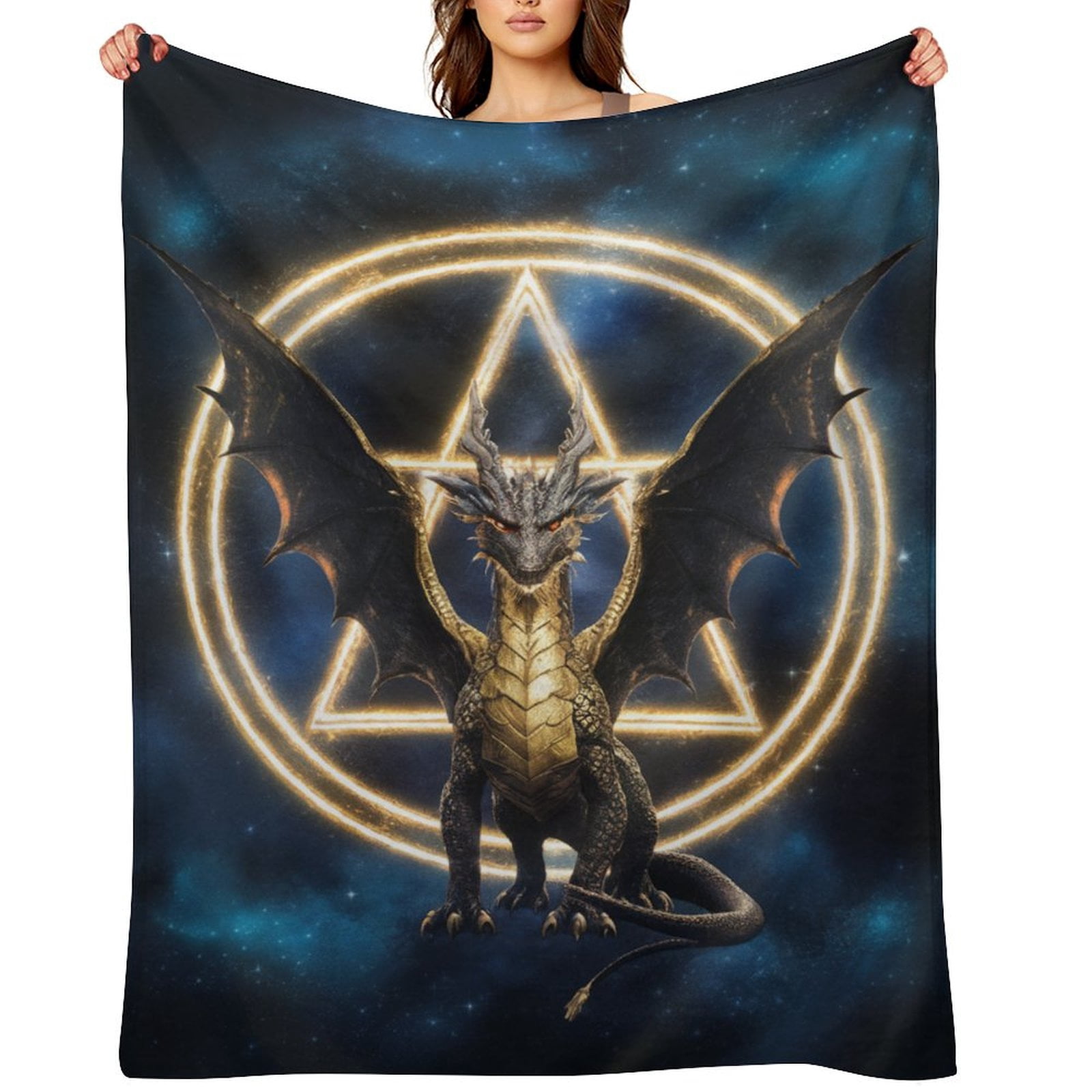 1pc Warm & Cozy Flannel Throw Blanket -Celestial Dragon with Pentagram ...