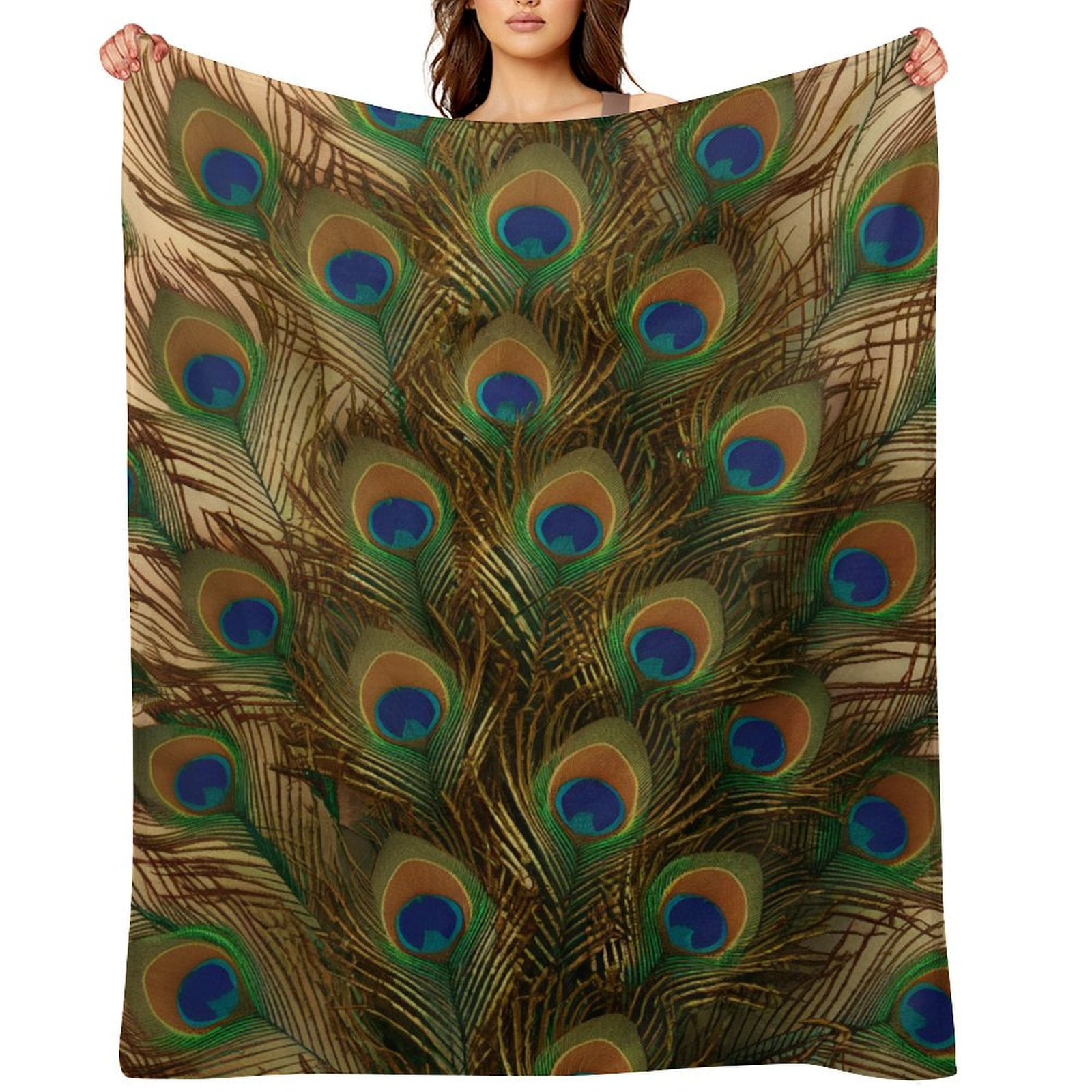 1pc Warm & Cozy Flannel Throw Blanket -Green Peacock Feather 2 ...