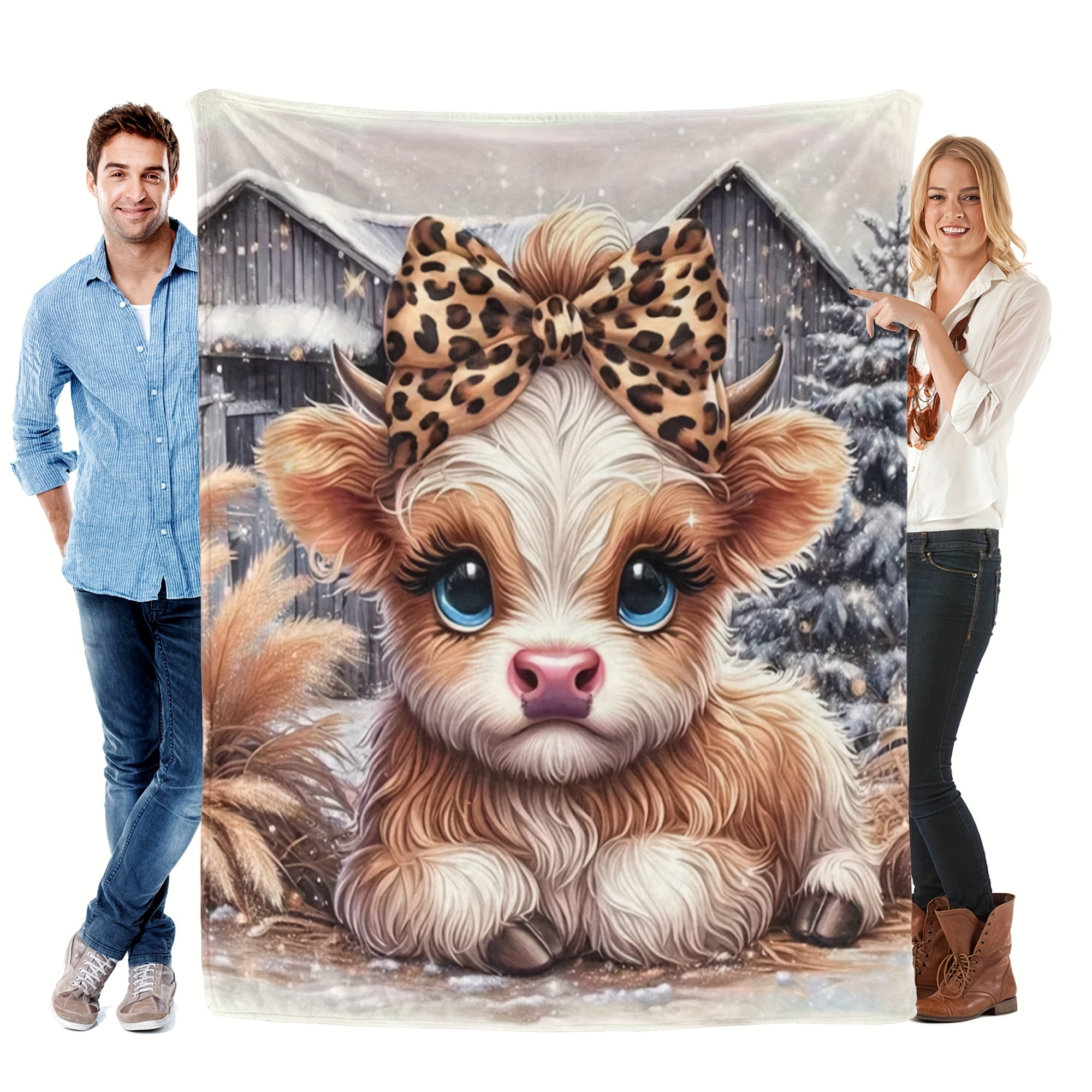 1pc Warm Gift - Pretty Highland Cow With A Bow Cute Fun Print Flannel ...
