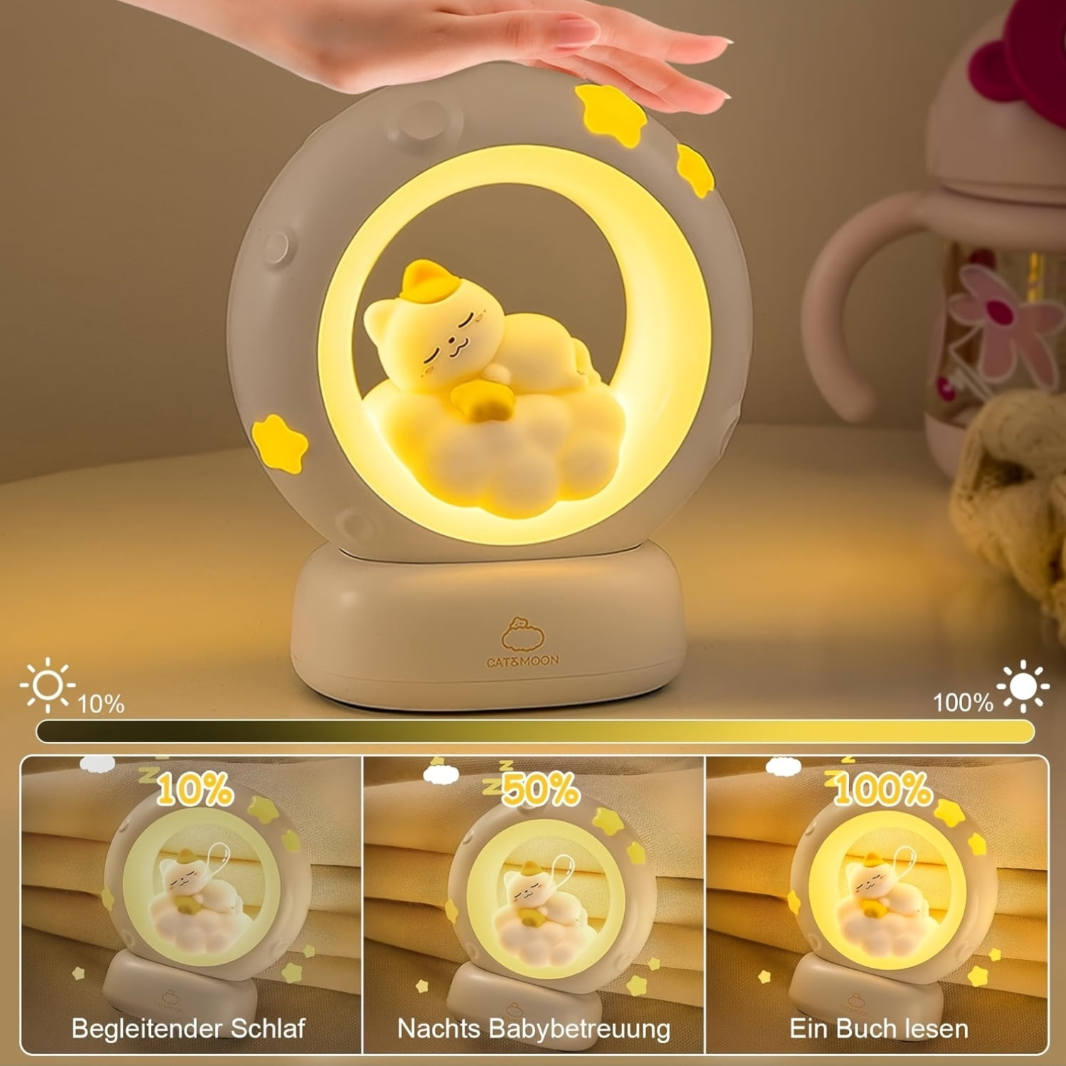 1pc Warm White Lights Cute Sleeping Kitten Pat Light, USB Charging ...