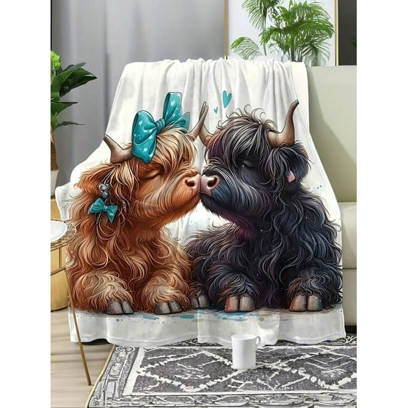 1pc Watercolor Style Cute Highlander Cow, Blue Bow, Natural Animal ...