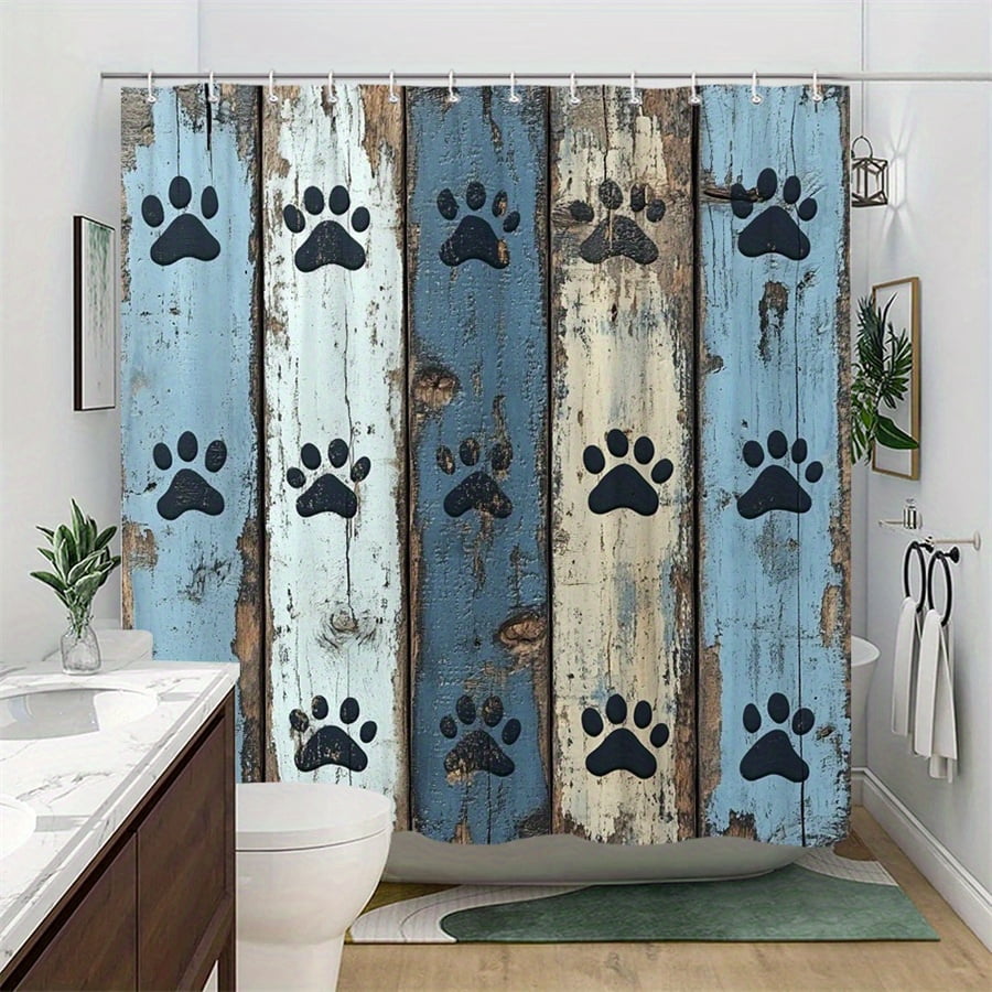 1pc Weathered Wooden Fence Shower Curtain Black Paw Prints Rustic ...