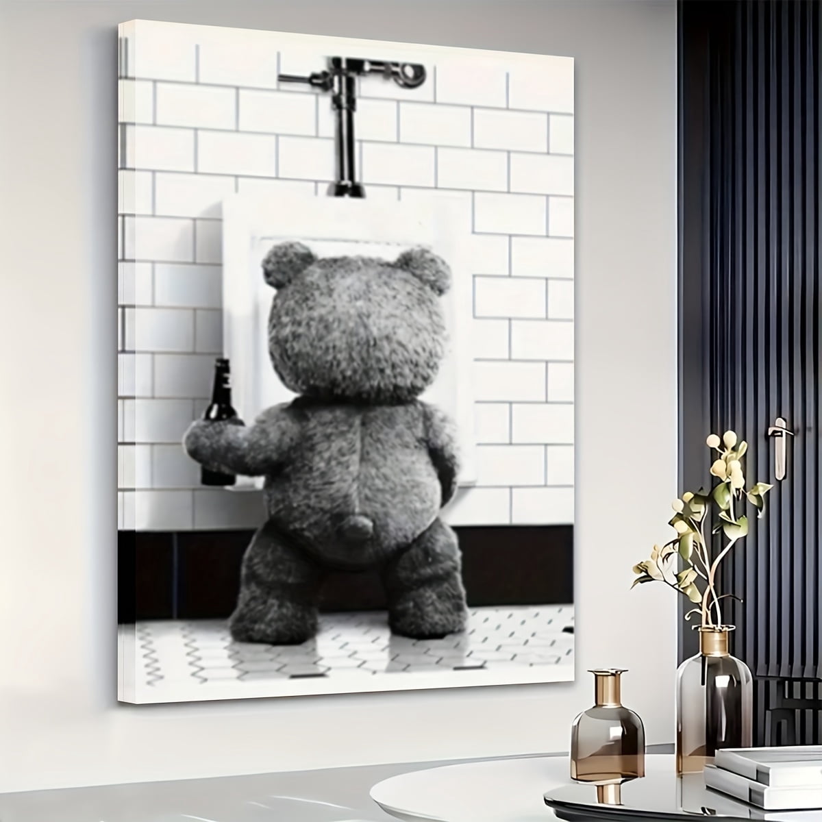 1pc Whimsical Bear Urinal Canvas Art - Humorous Black & White Wall ...
