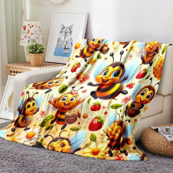 1pc Whimsical Bee Cartoon Fleece Throw Blanket - Cozy, Reversible, All ...