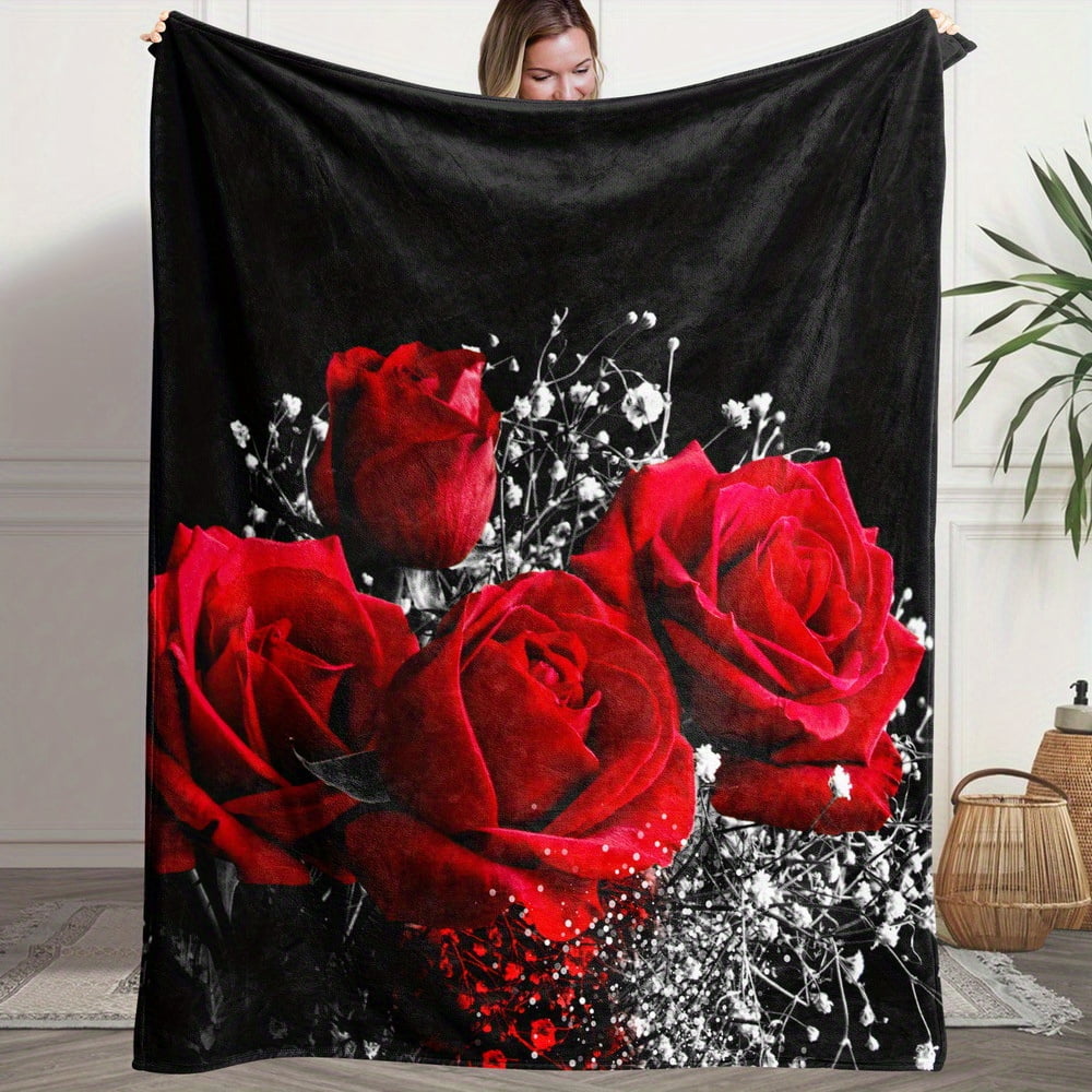 1pc White Flannel Blanket with Red Rose & Print Soft Cozy Throw ...