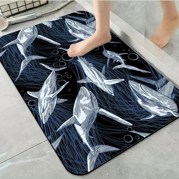 1pc White Sharks in Dark Ocean Bathroom Rug Bathroom Decor and ...