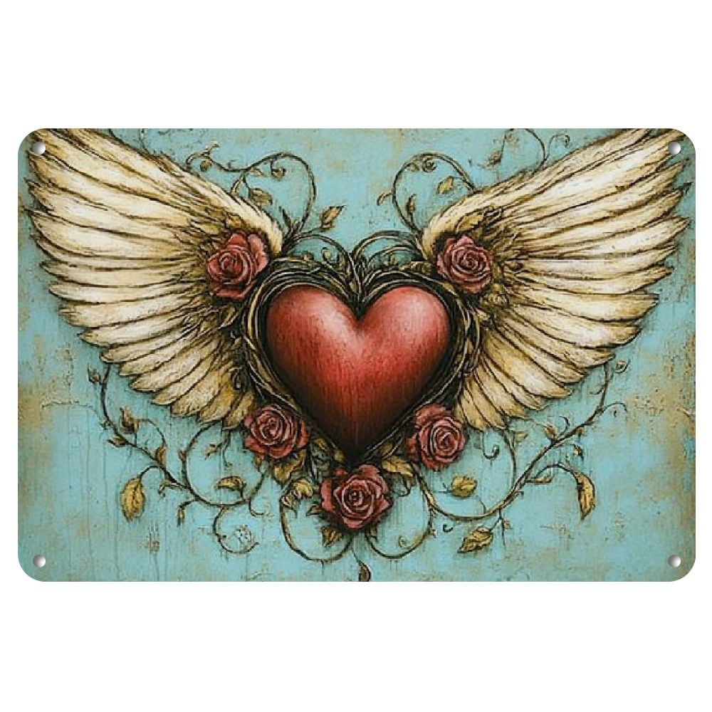 1pc "Wings of Heart" 2D Iron Wall Art, 12x8 inches, Vintage-Inspired ...