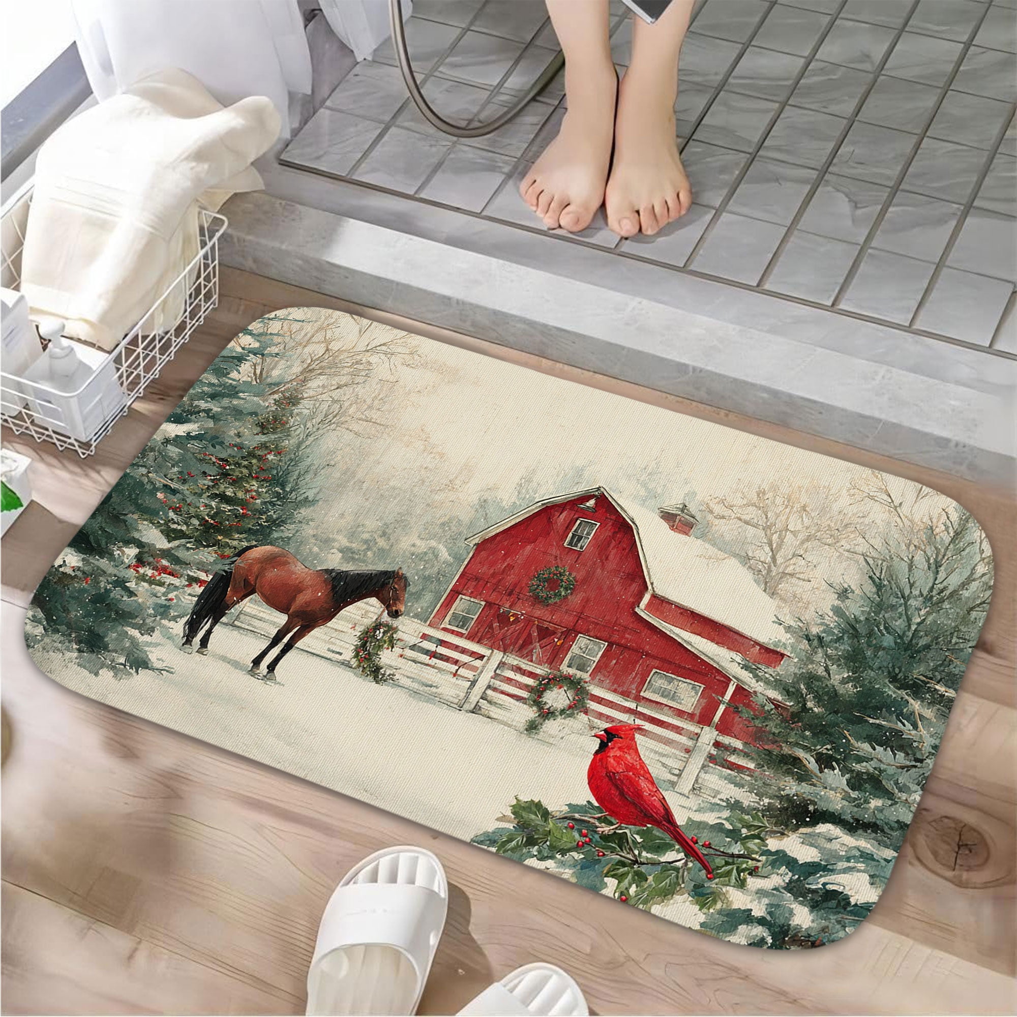 1pc Winter Scene with Horse Absorbent Non-Slip Bathroom Thickened ...