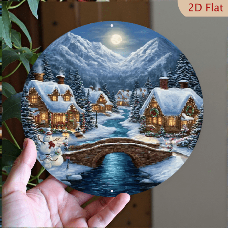 1pc Winter Village Night Scene Round Metal Tin Sign, 8x8 inches Iron ...