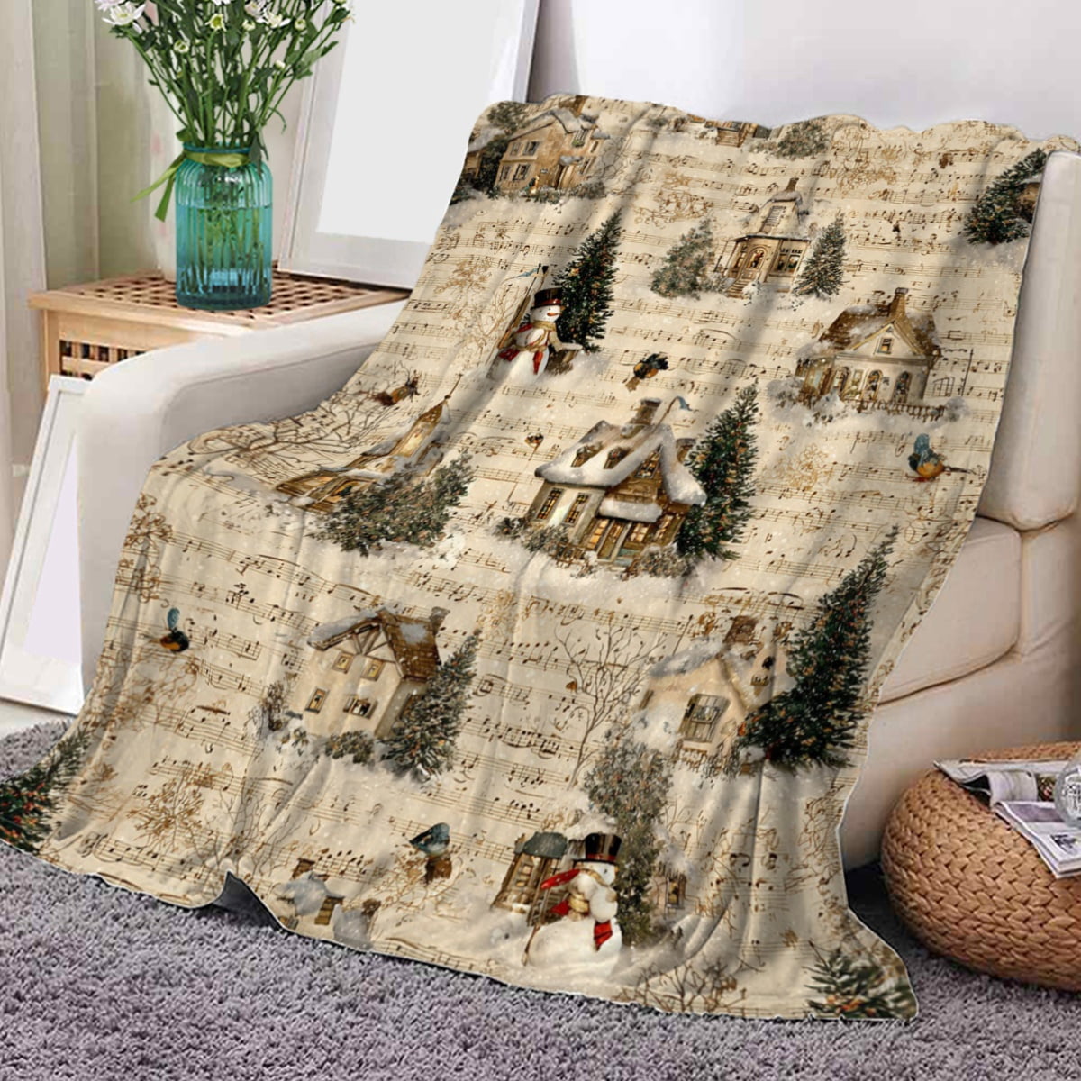 1pc Winter Village Scene Flannel Blanket - Soft Cozy Throw with Snowy ...