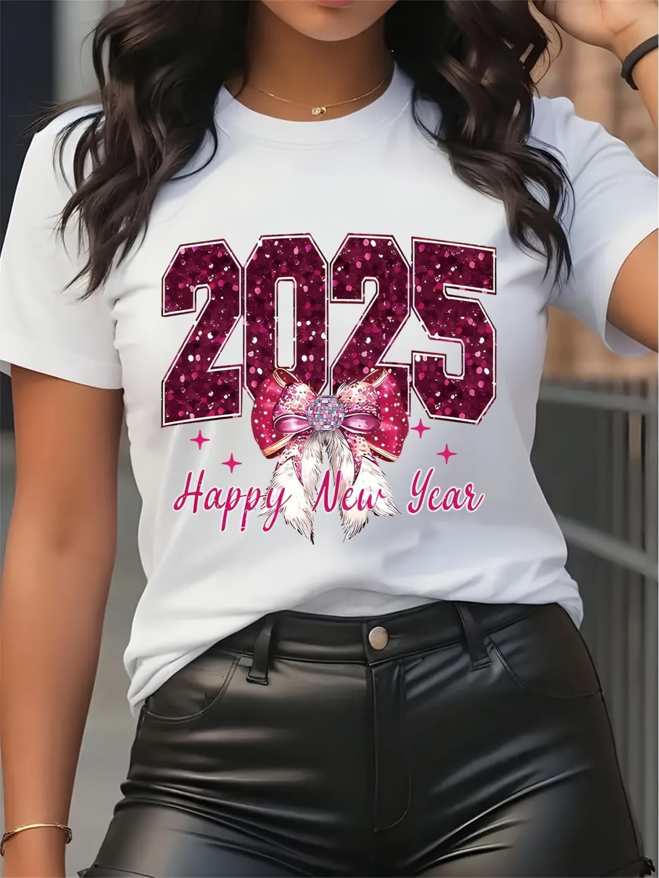 1pc Women'S 2025 Happy New Year T-Shirt - Polyester Crew Neck, Casual ...