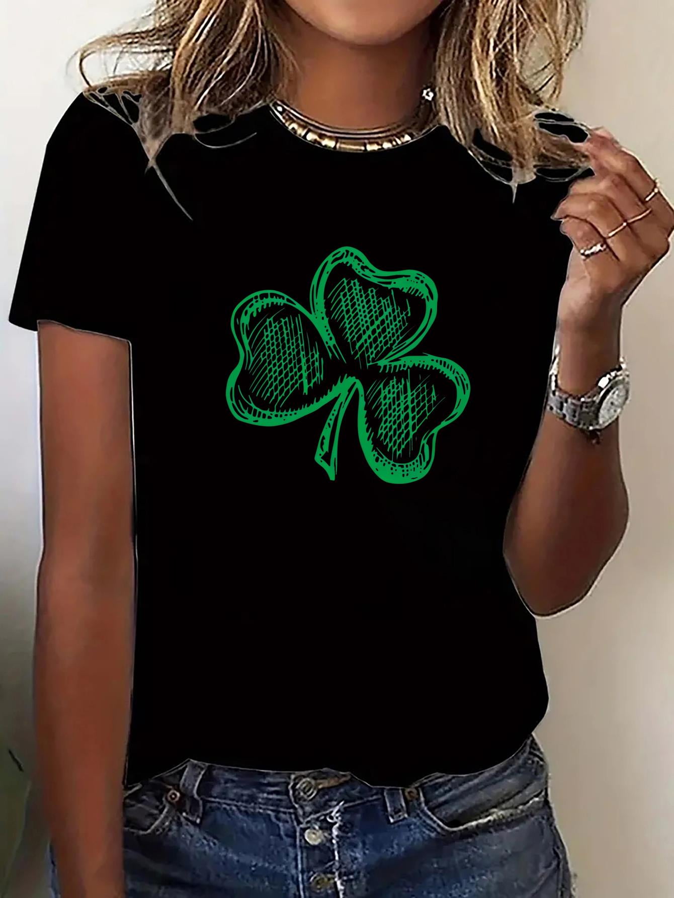 1pc Women'S Casual Cotton T-Shirt with Clover Print, Crew Neck, Slight Stretch, All-Season Knit ...