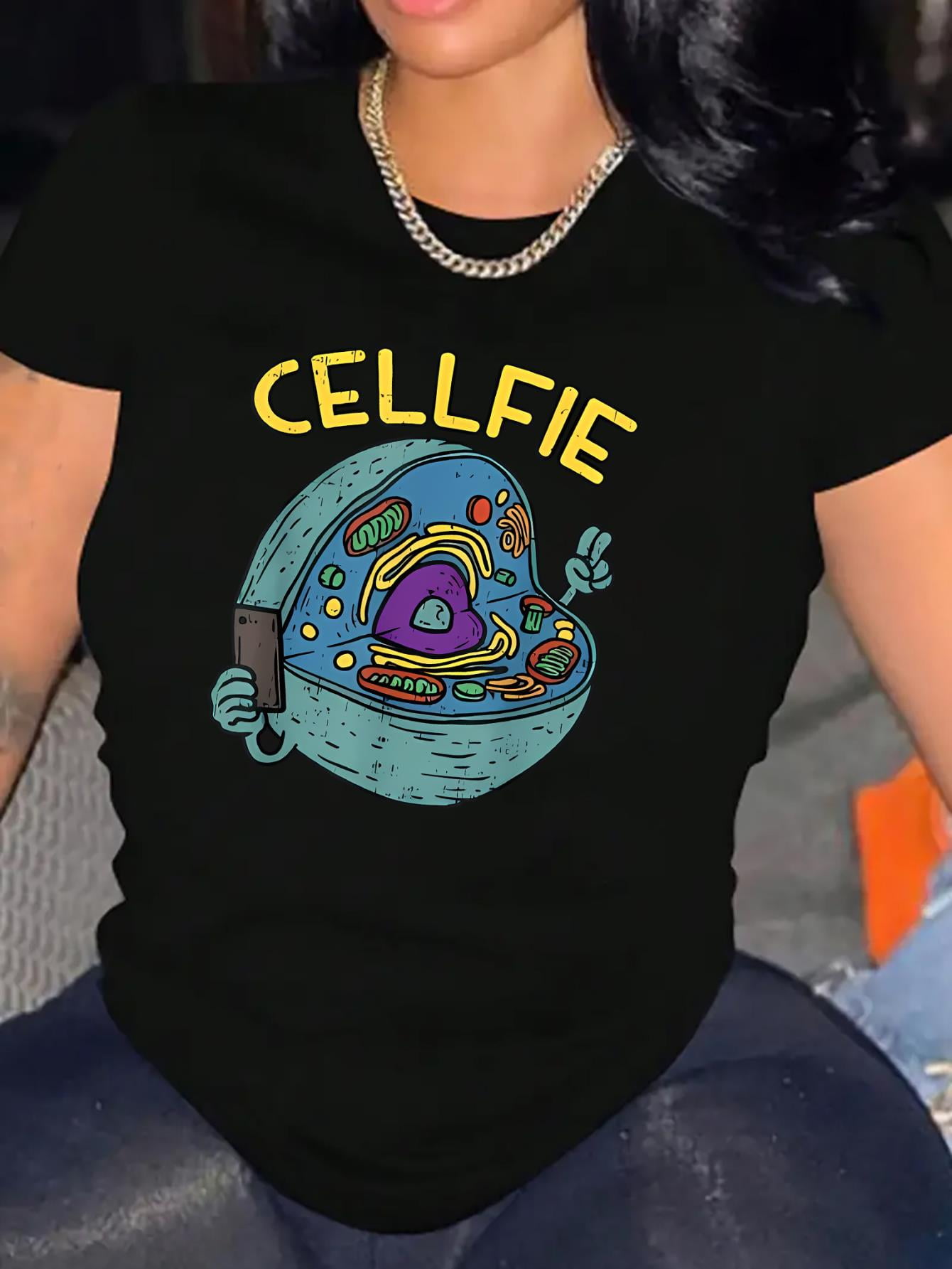 1pc Women'S Casual Crew Neck T-Shirt with Cellfie Print, Polyester Knit ...