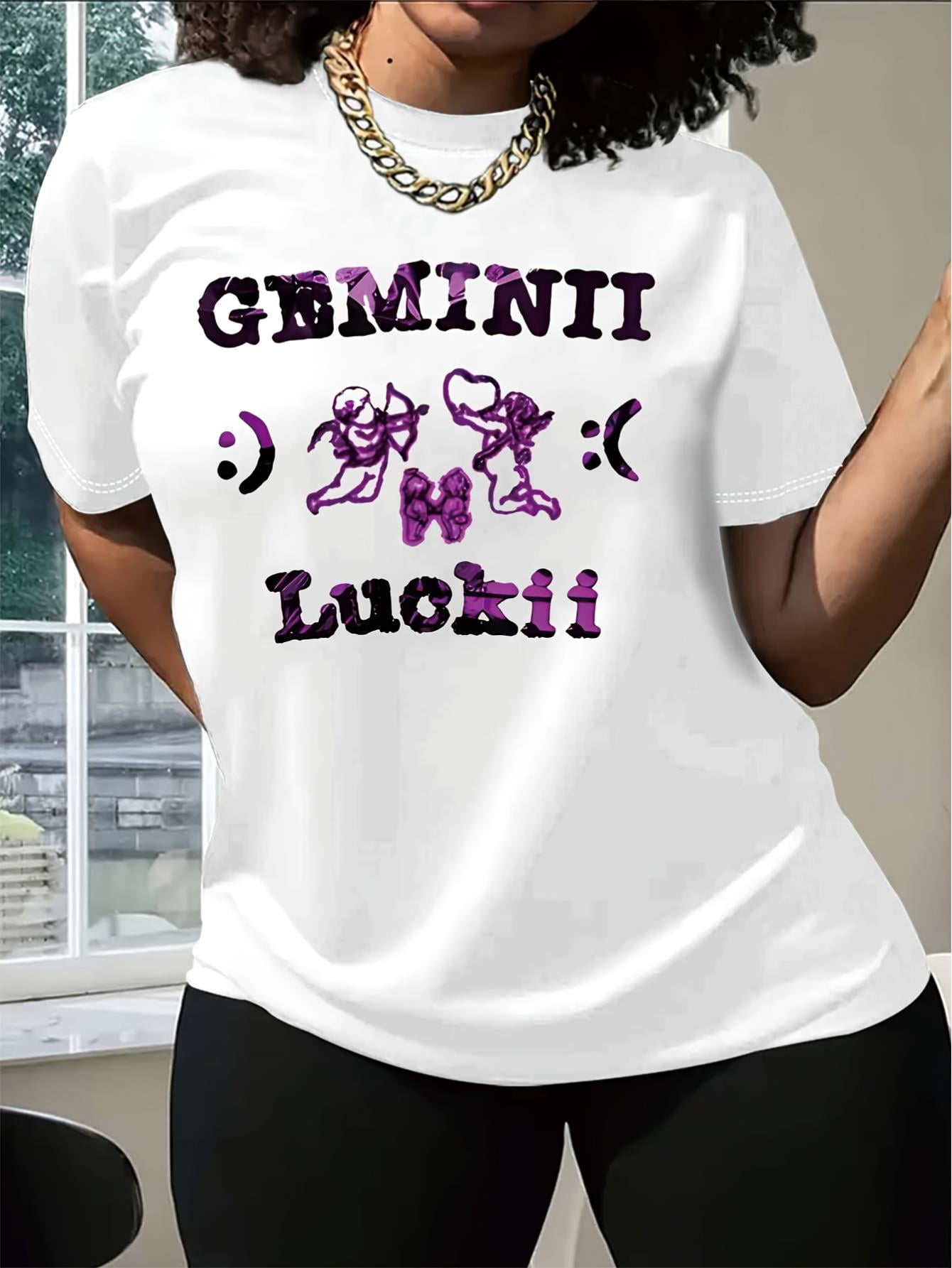 1pc Women'S Casual Crew Neck T-Shirt with GEMINII LUCKII Print, Short Sleeve Cotton Knit Top for ...