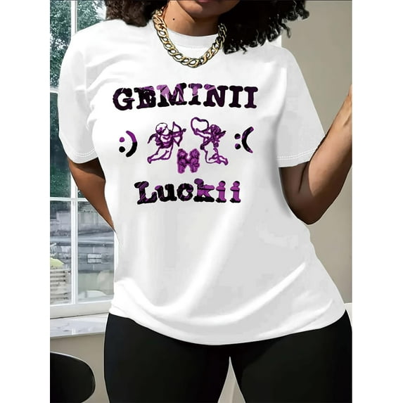 1pc Women'S Casual Crew Neck T-Shirt with GEMINII LUCKII Print, Short ...