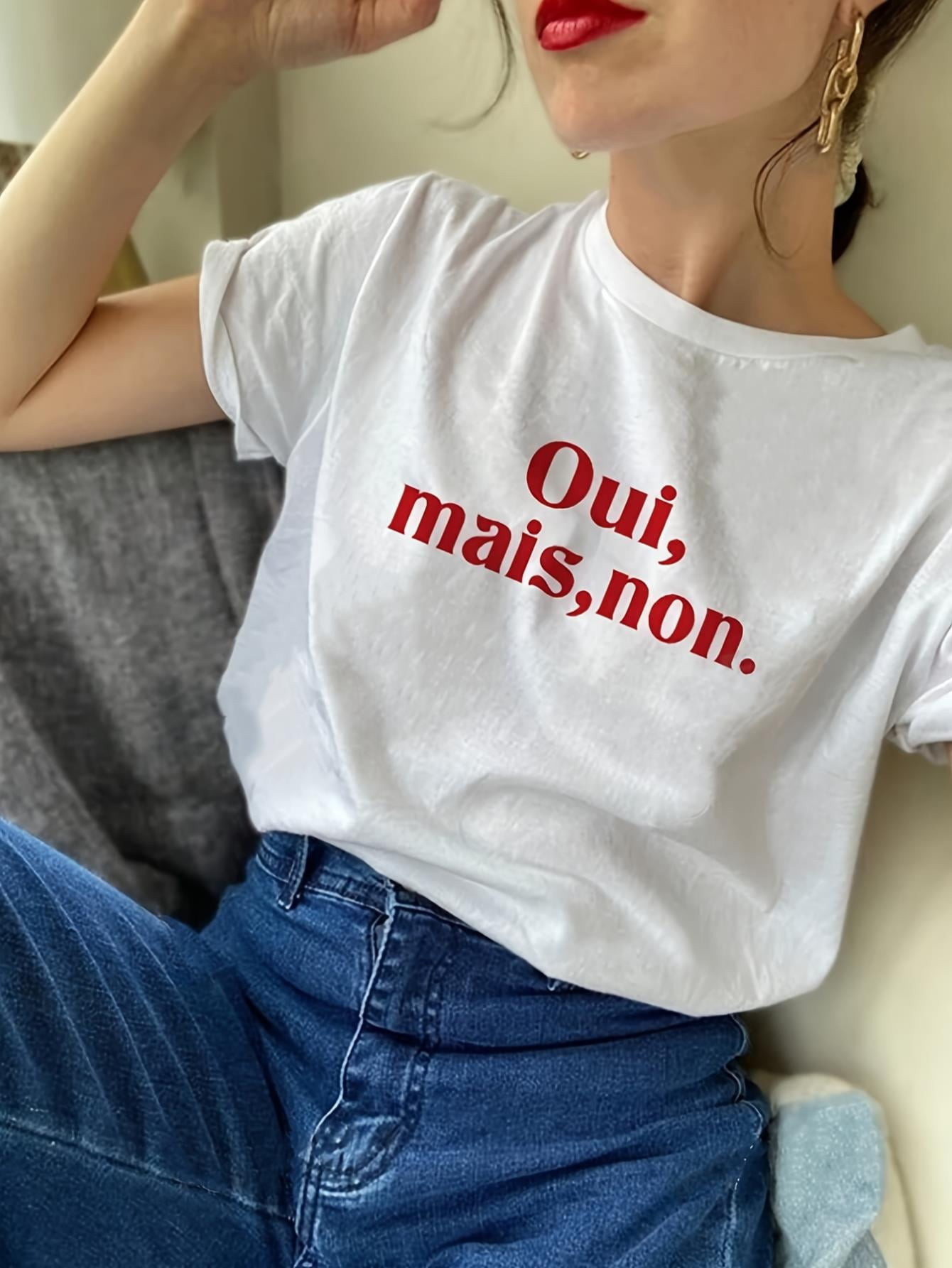 1pc Women'S Casual Crew Neck T-Shirt with "oui MaiS NoN" Red Lettering ...