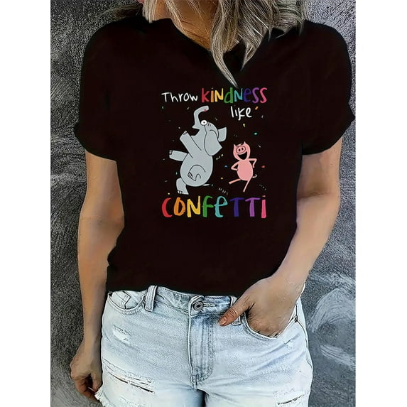 1pc Women'S Casual Crew Neck T-Shirt with Colorful elephant and Pig ...