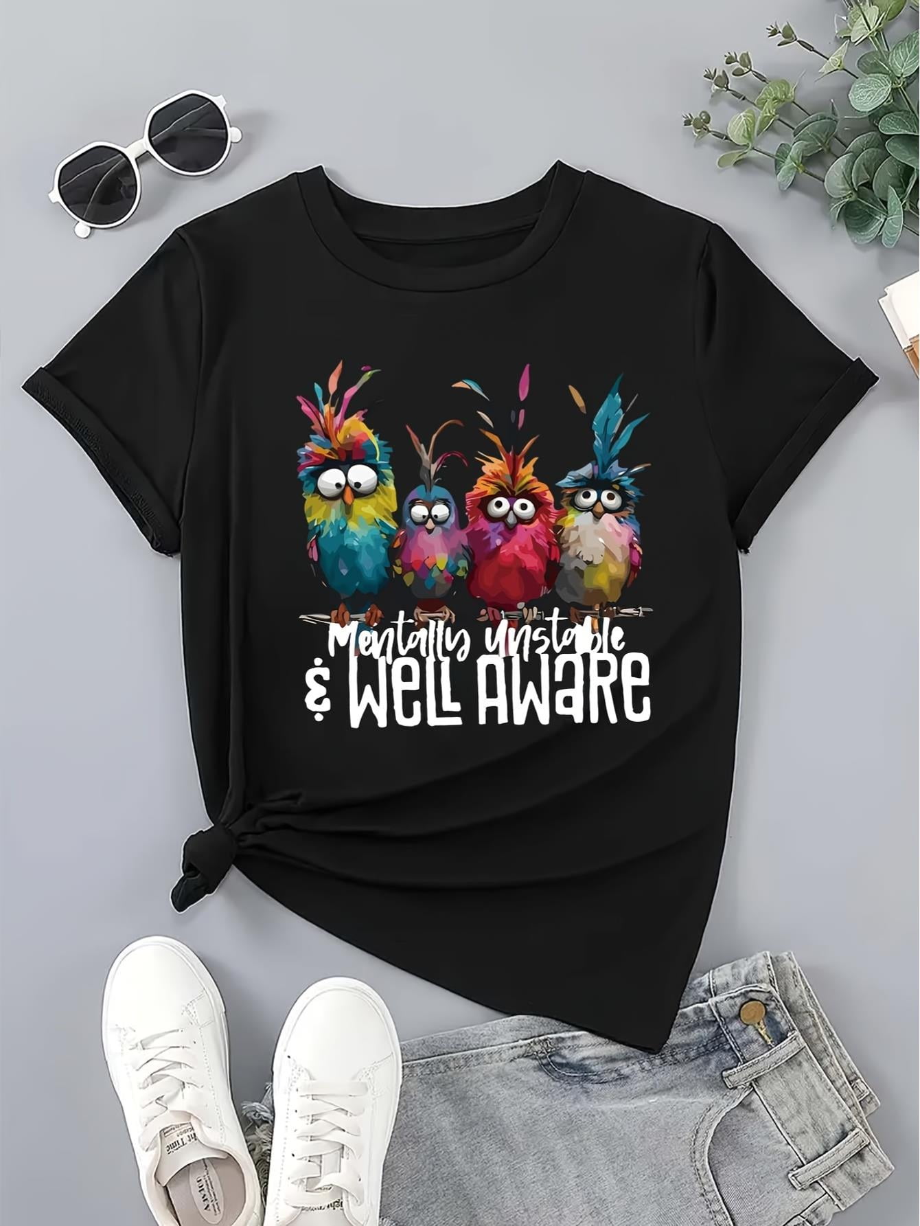 1pc Women'S Casual Crew Neck T-Shirts with Cute Cartoon Birds Print ...