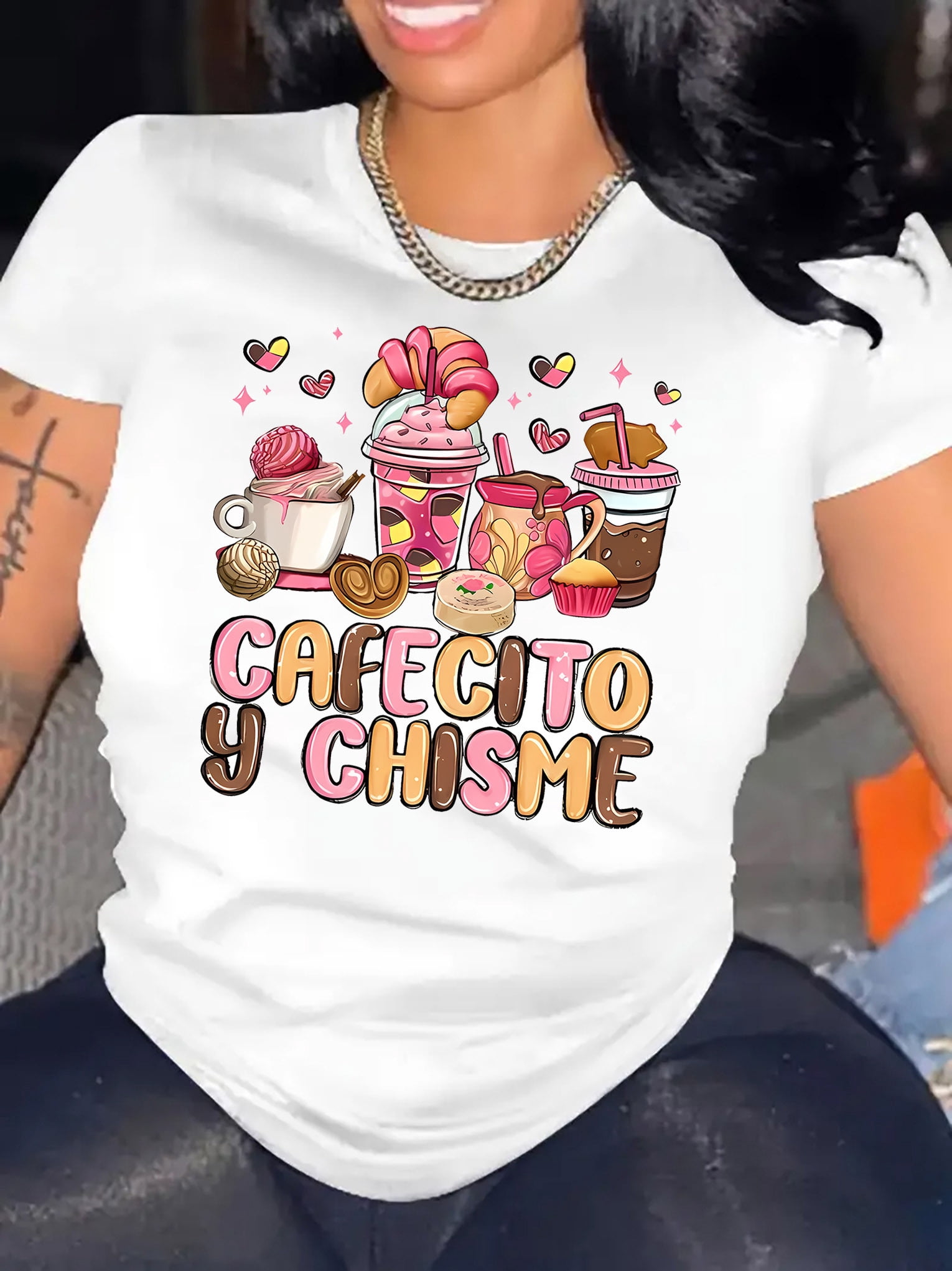1pc Women'S Casual Round Neck Short Sleeve T-Shirt with "Cafecito y ...