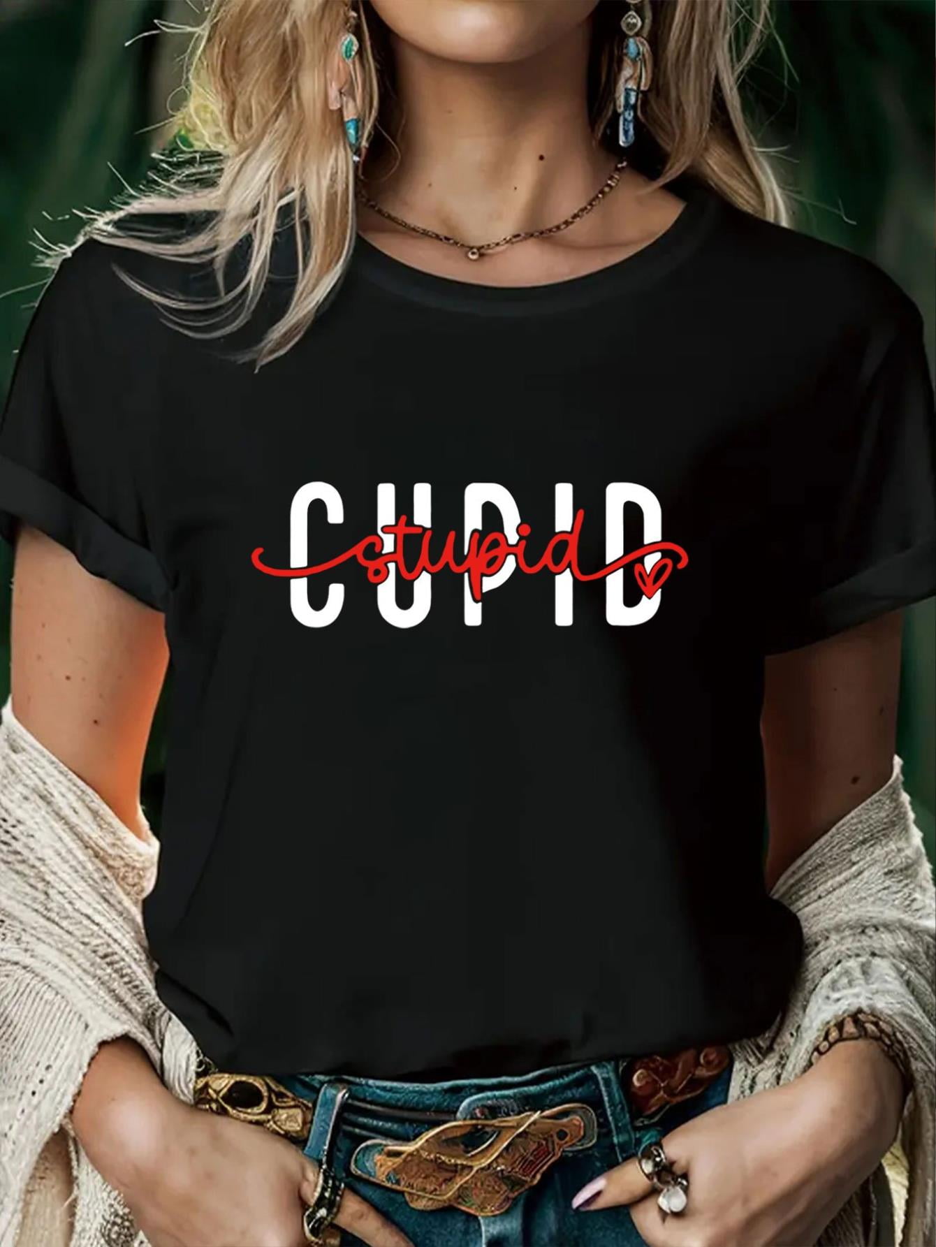 1pc Women'S Casual Round Neck T-Shirt with "CUPID" Lettering, 100% ...