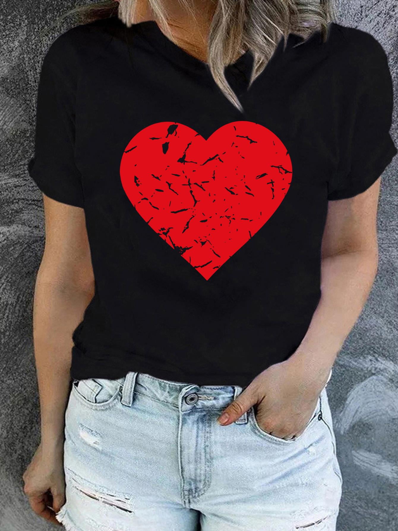 1pc Women'S Casual Round Neck T-Shirt with Red Heart Print, 100% Cotton ...