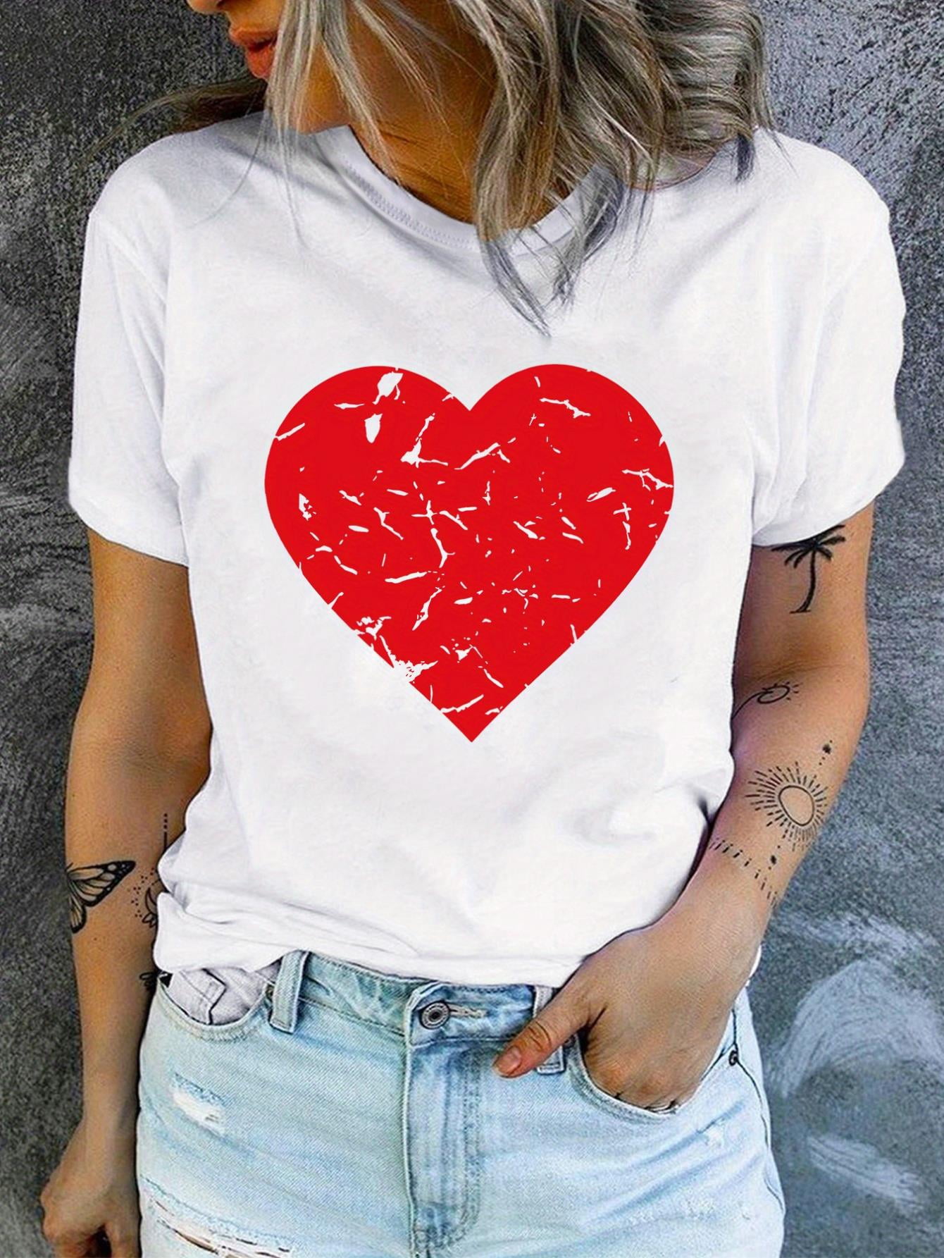 1pc Women'S Casual Round Neck T-Shirt with Red Heart Print, 100% Cotton ...