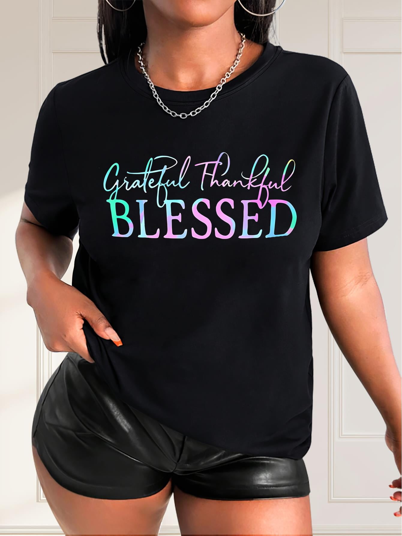 1pc Women'S Casual Round Neck T-Shirt with "Grateful, Thankful, BLESSED" Print, Polyester Knit ...