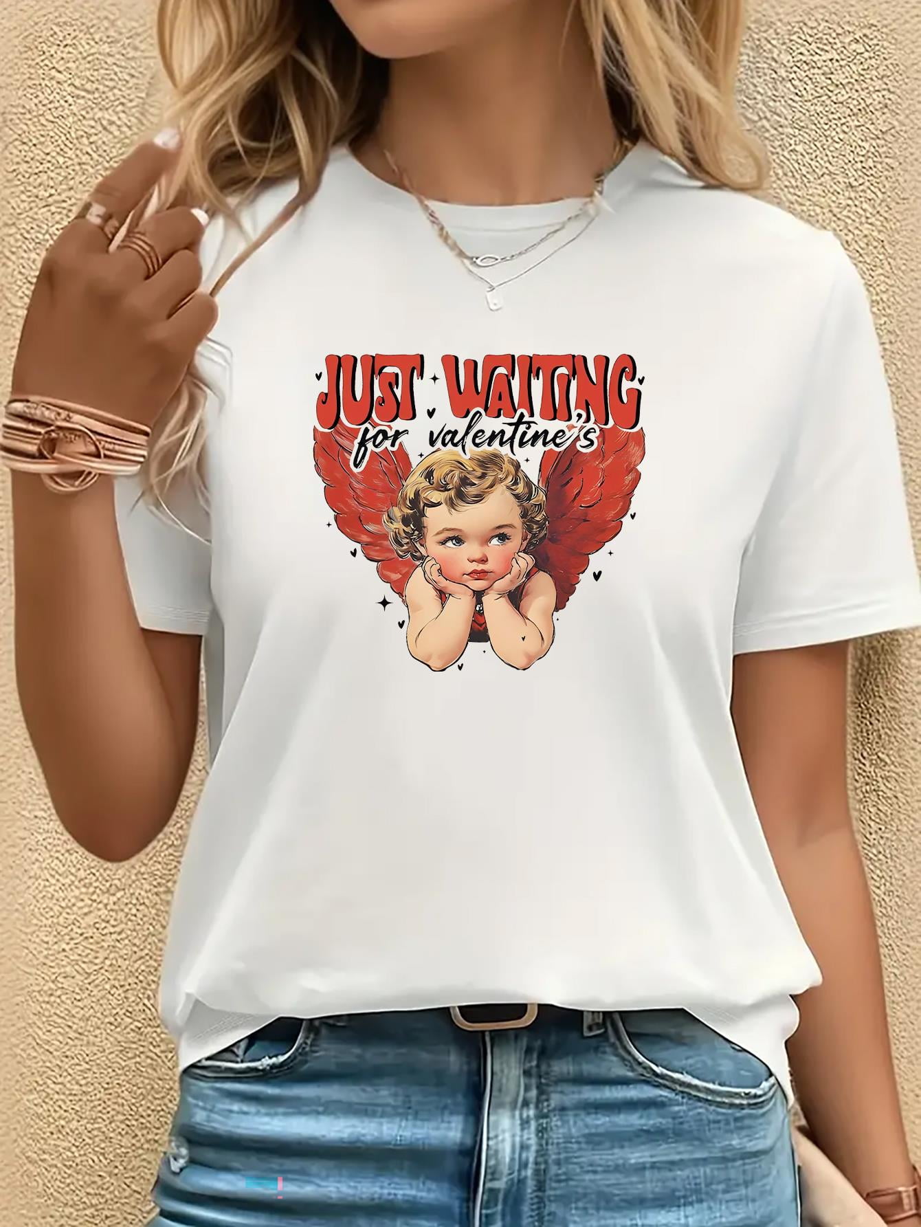 1pc Women'S Casual Valentine'S Day T-Shirt, 100% Cotton Crew Neck with ...