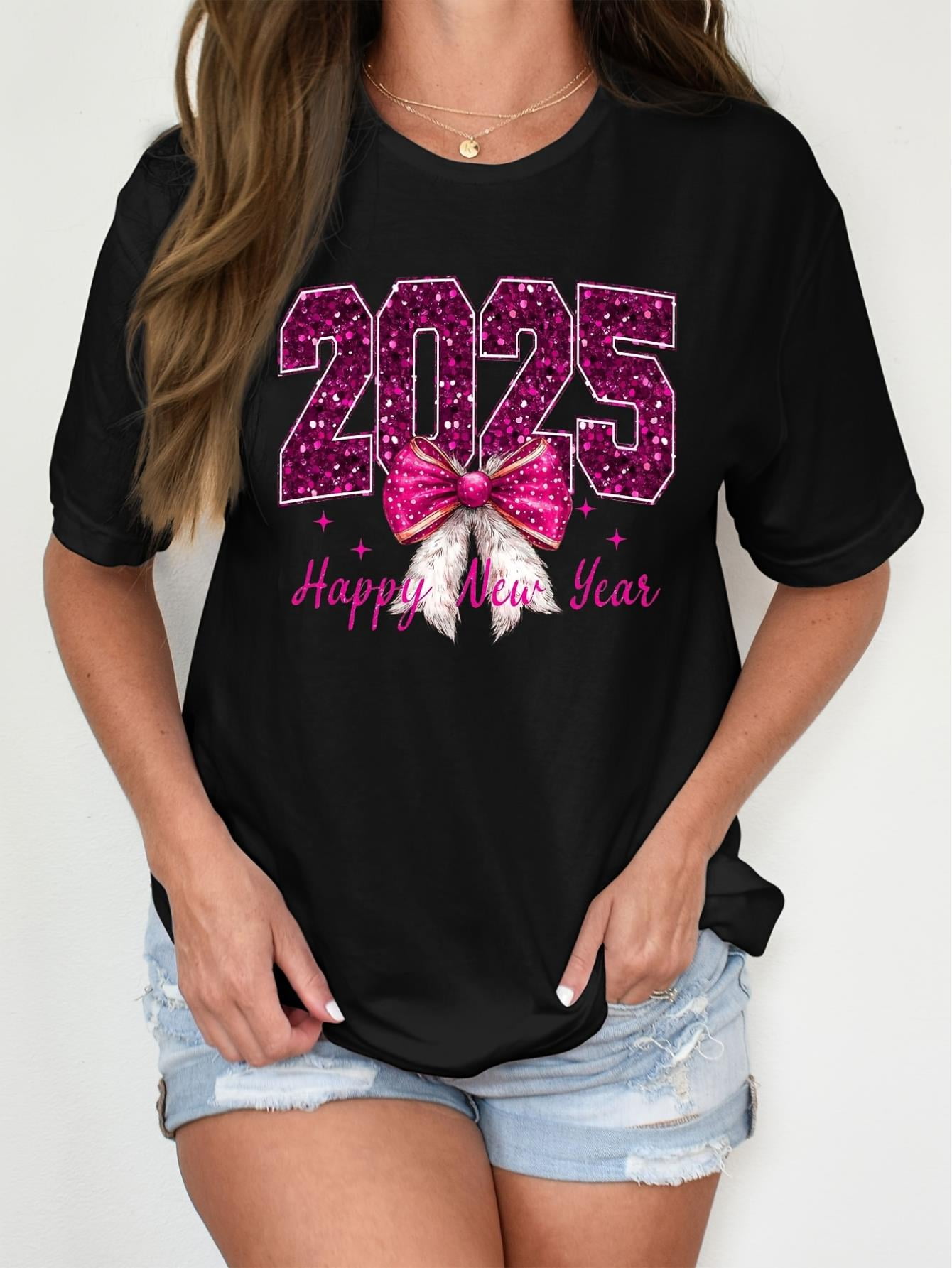 1pc Women'S Cotton "Happy New Year 2025" T-Shirt - Comfortable Crew ...