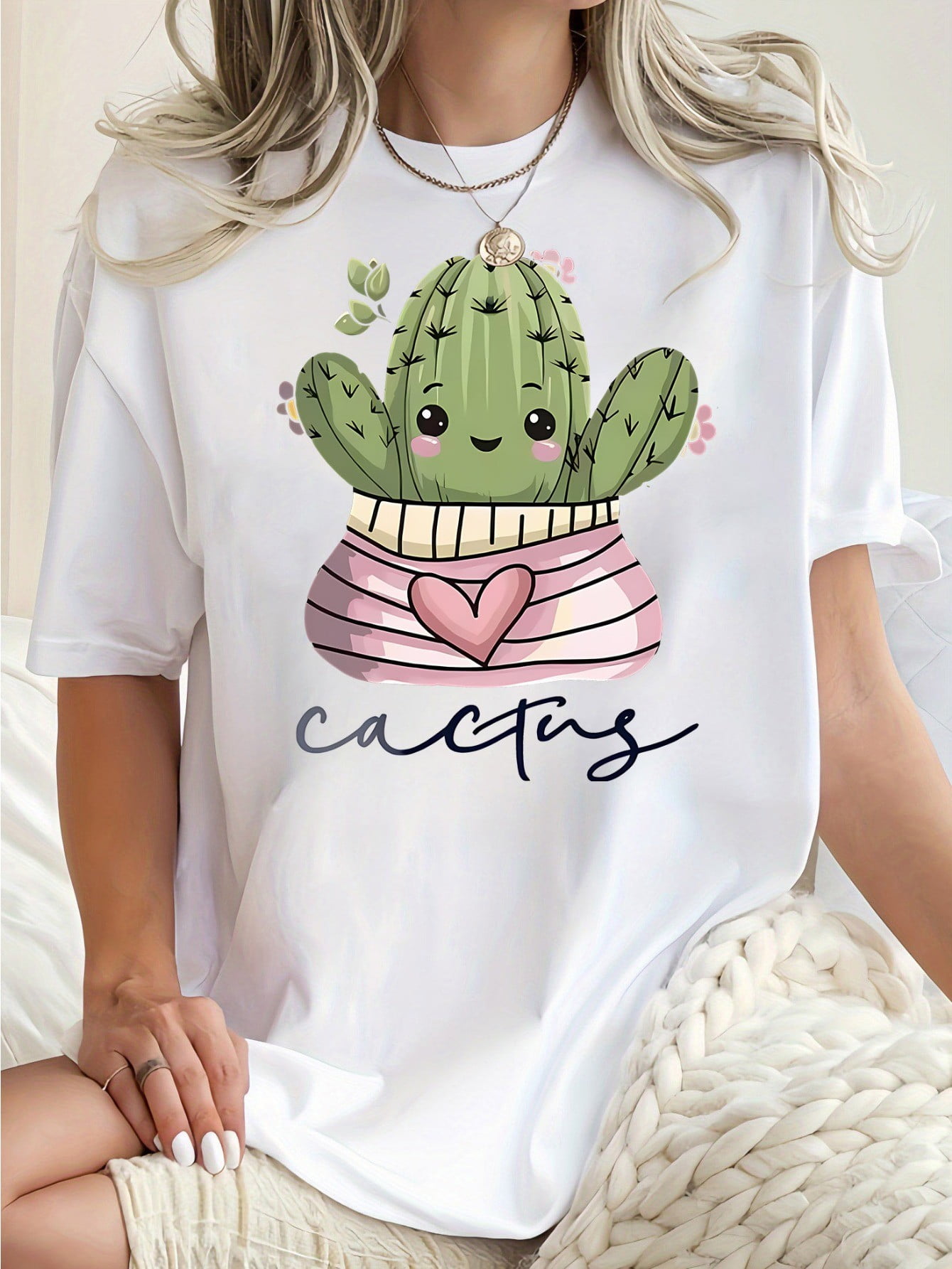 1pc Women'S Cute Cactus Print T-Shirt, Casual Crew Neck Short Sleeve ...