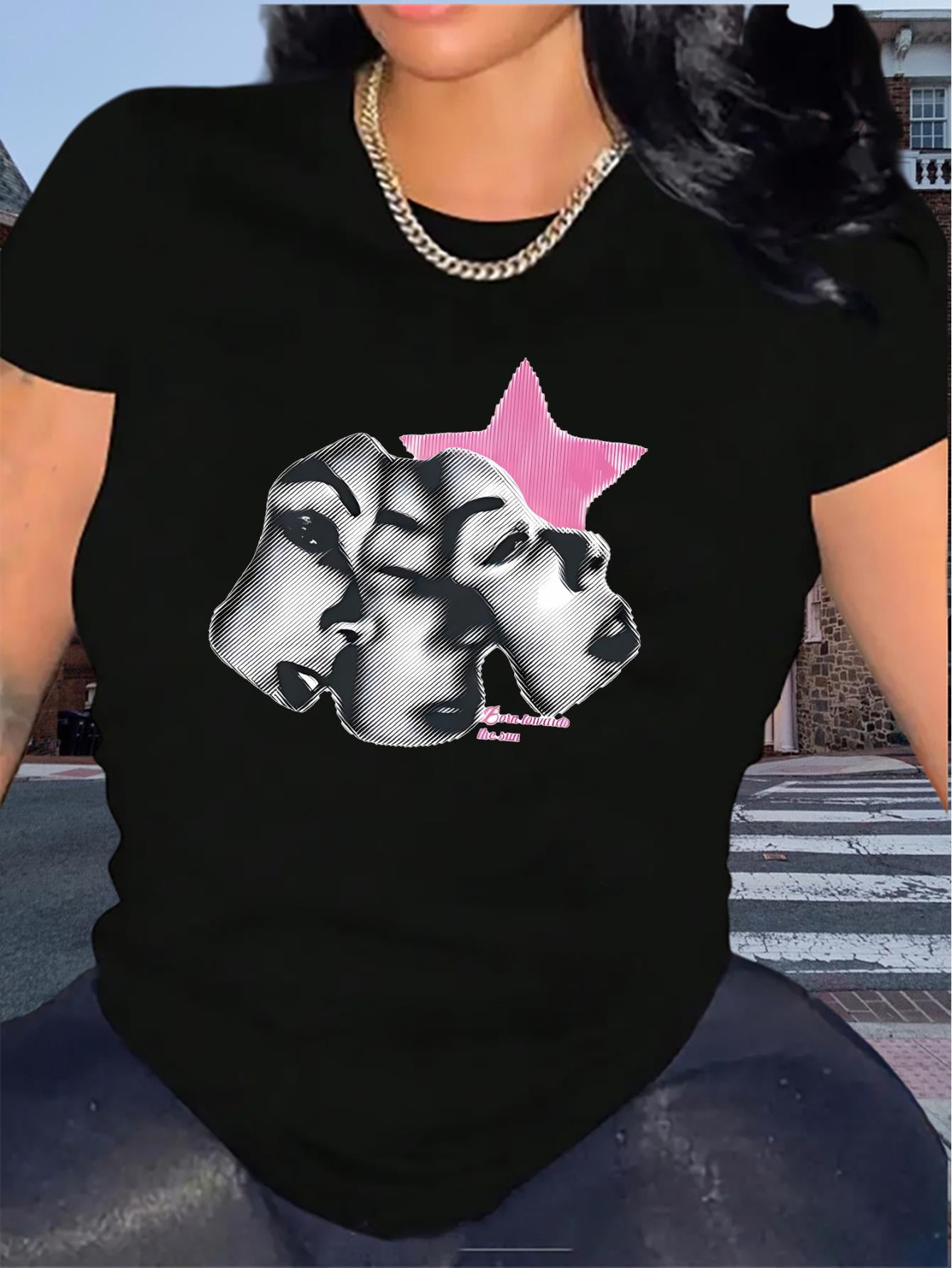 1pc Women'S Fashion Crew Neck T-Shirt with Pink Star and Alphabet Print, Casual Polyester Knit ...