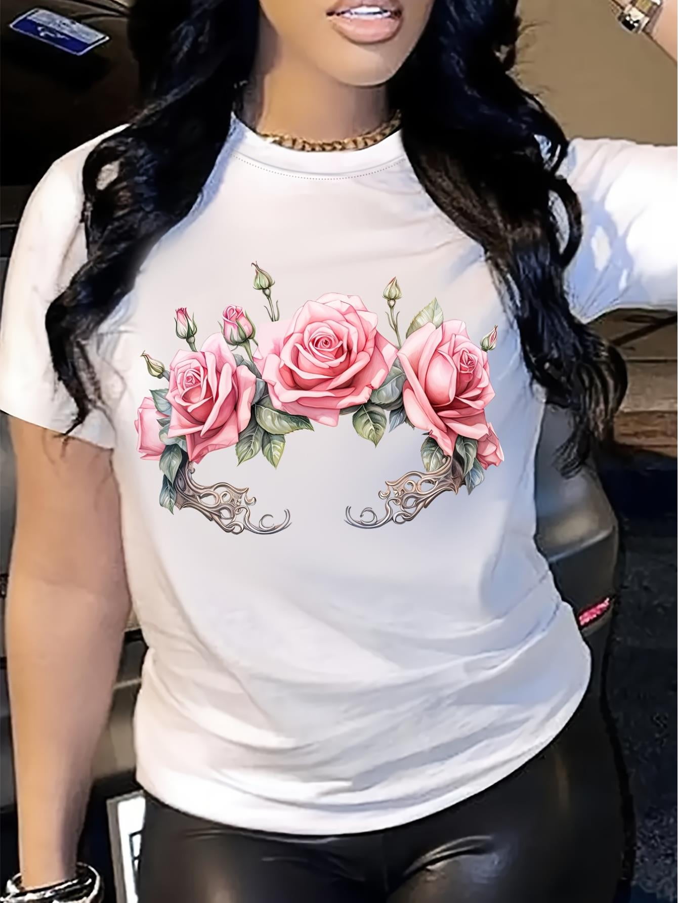 1pc Women'S Floral Rose Print T-Shirt - Casual Crew Neck Polyester Knit ...